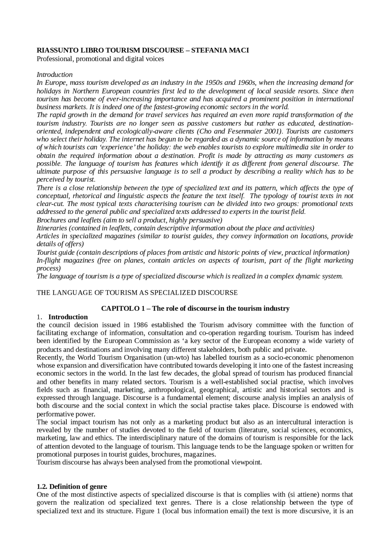 Riassunto Tourism Discourse Docsity