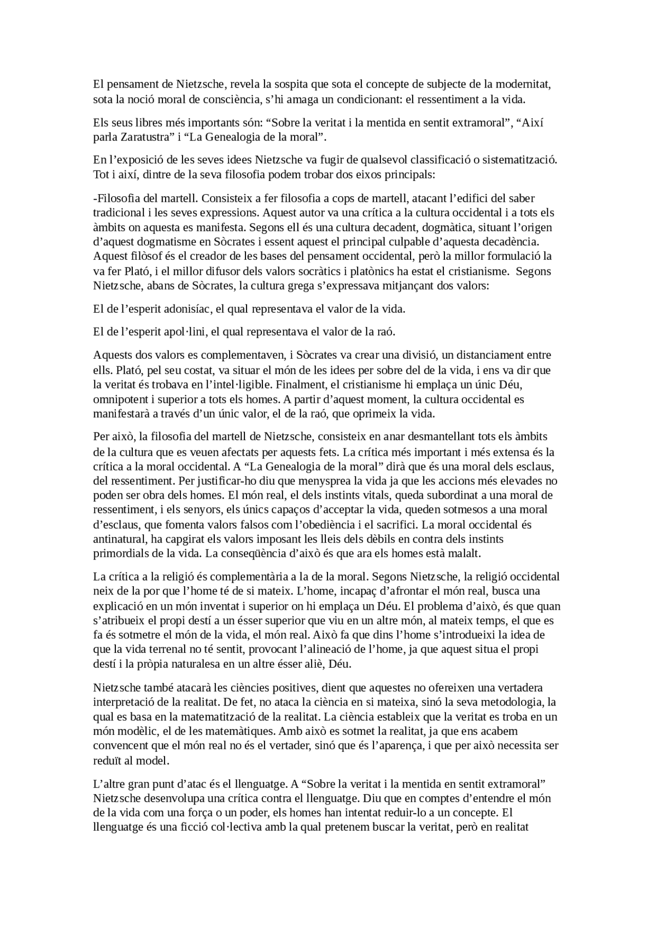 Resum Batxillerat Nietzsche Docsity