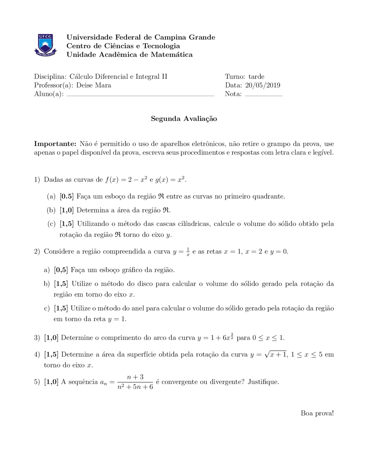 Prova Calculo Ii Ufcg Provas Cálculo Docsity