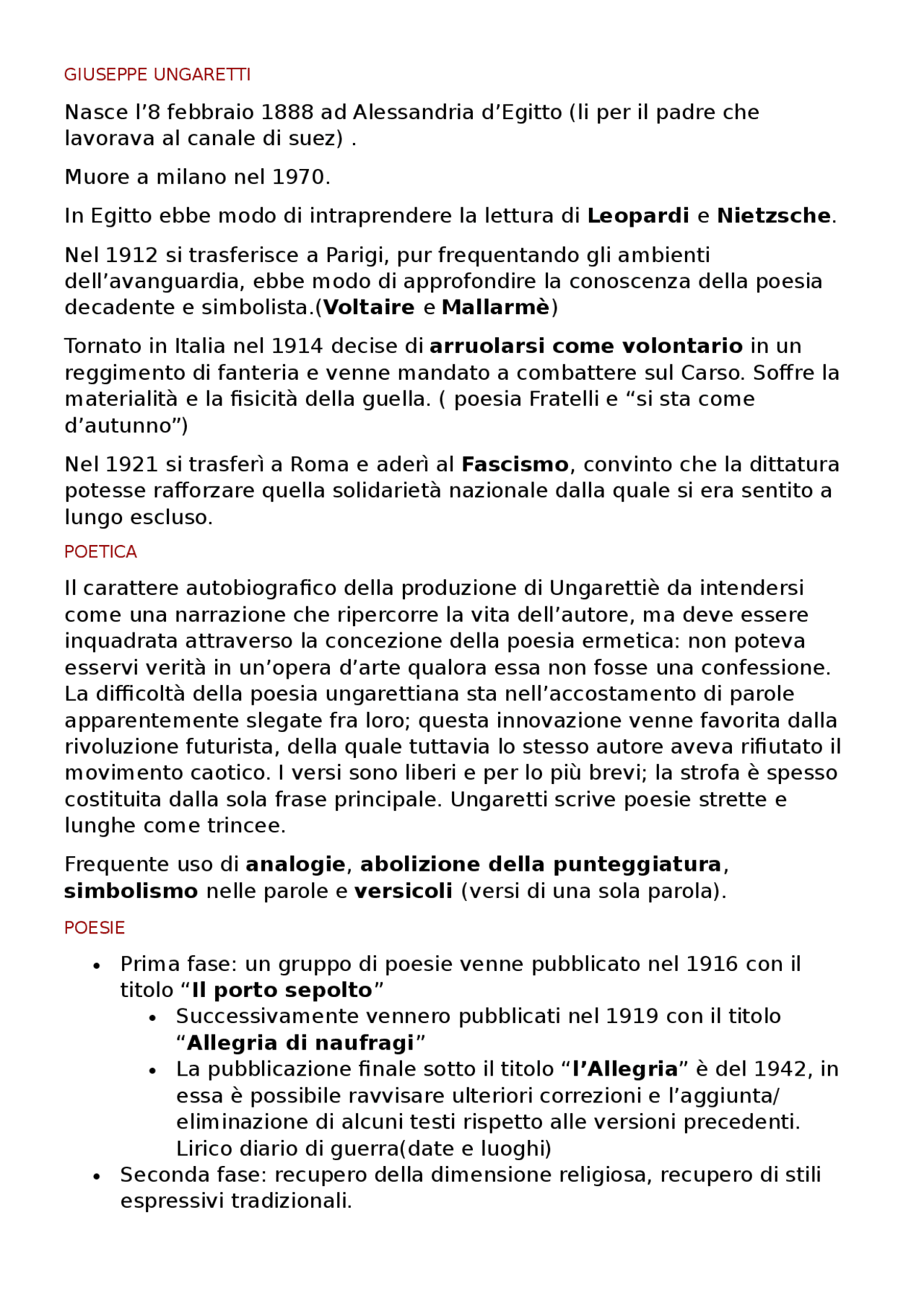 Riassunto Giuseppe Ungaretti Docsity