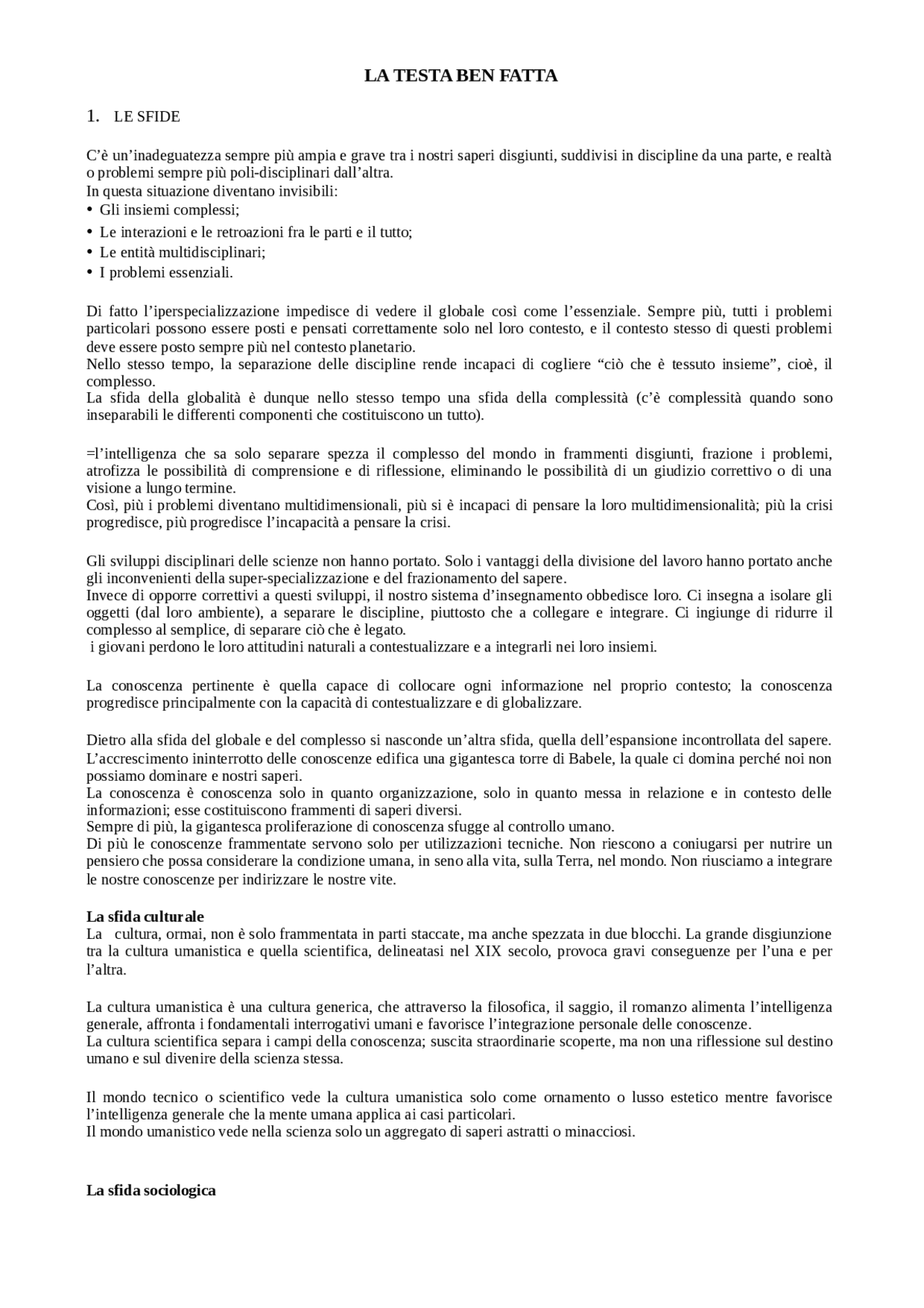 La Testa Ben Fatta Edgar Morin Docsity