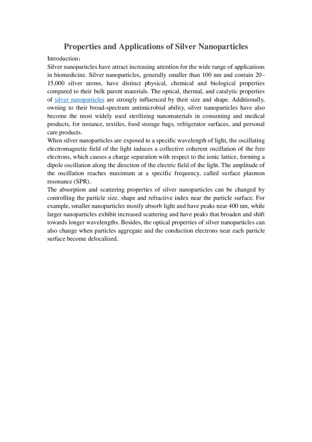 Properties and Applications of Silver Nanoparticles - Docsity