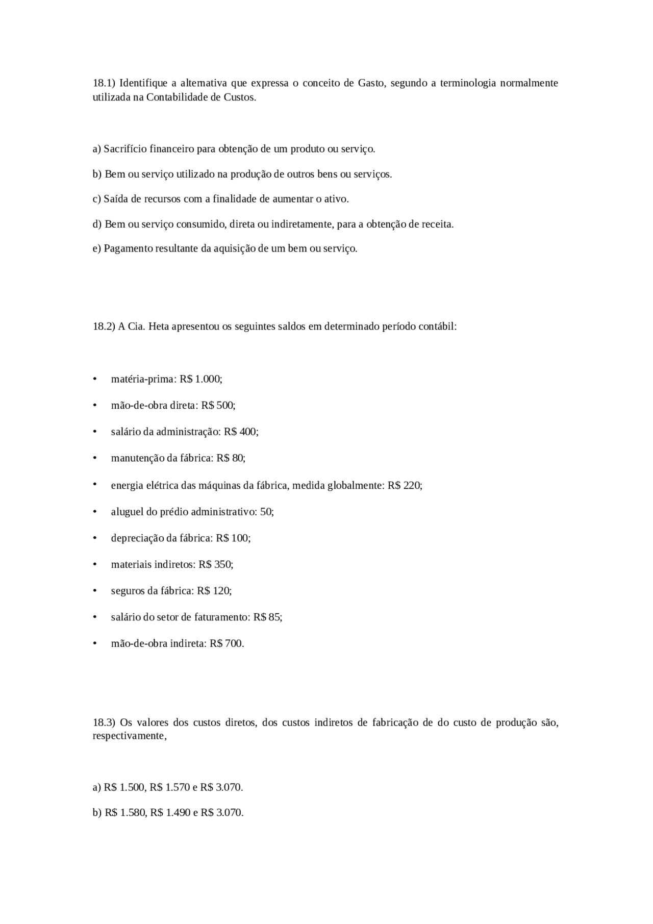 Exercícios Contabilidade De Custos Docsity