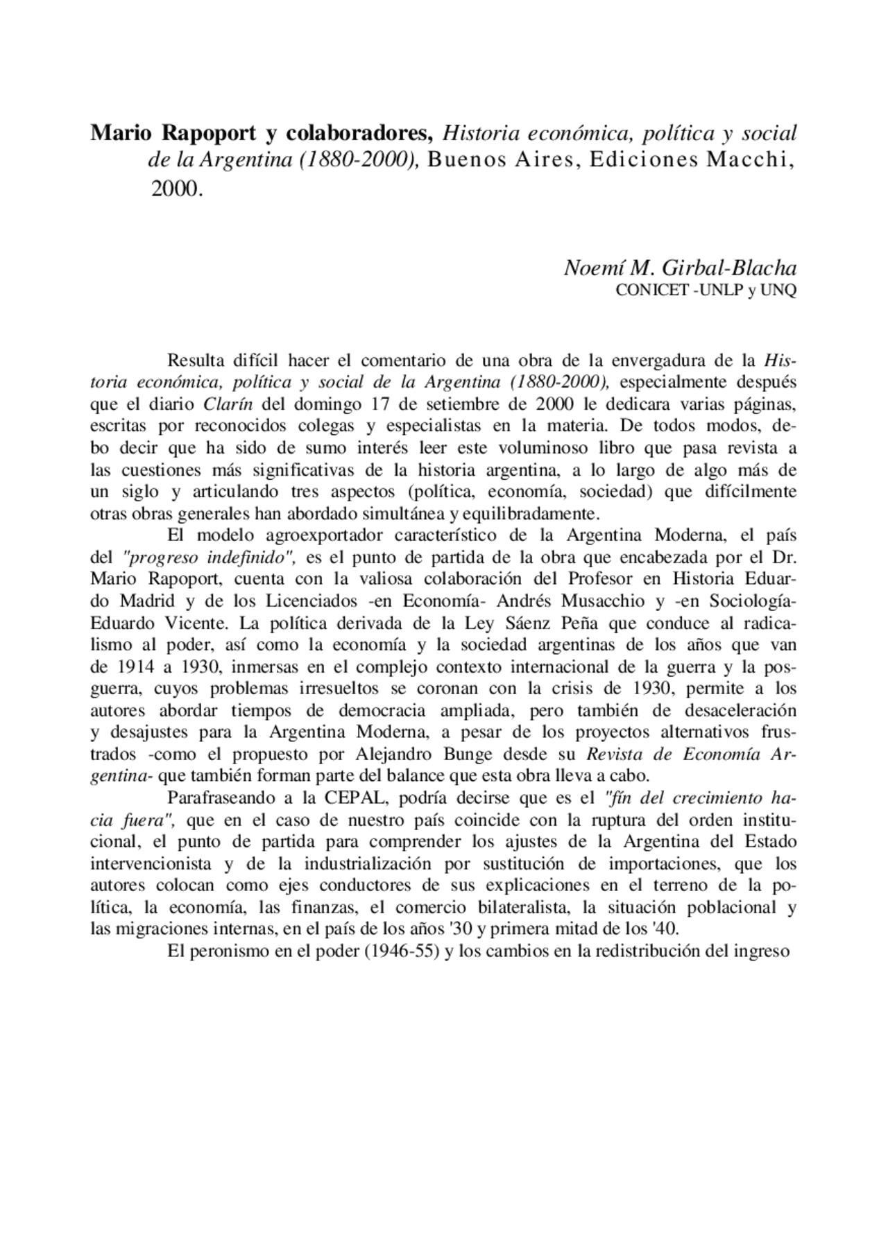 El modelo agroexportador de la Argentina Moderna - Mario Rapoport - Docsity