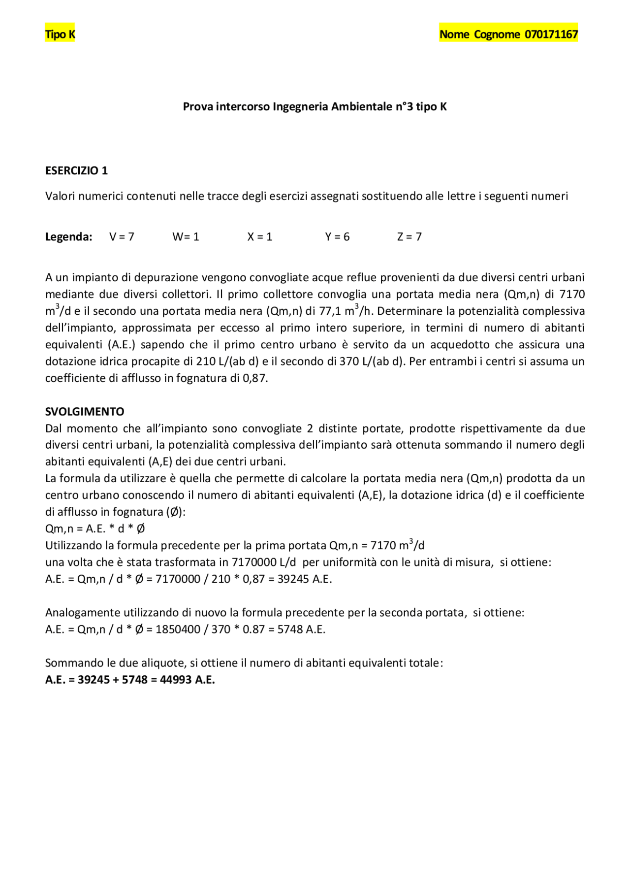 Prova Intercorso Ingegneria Ambientale N°3 Tipo K Docsity
