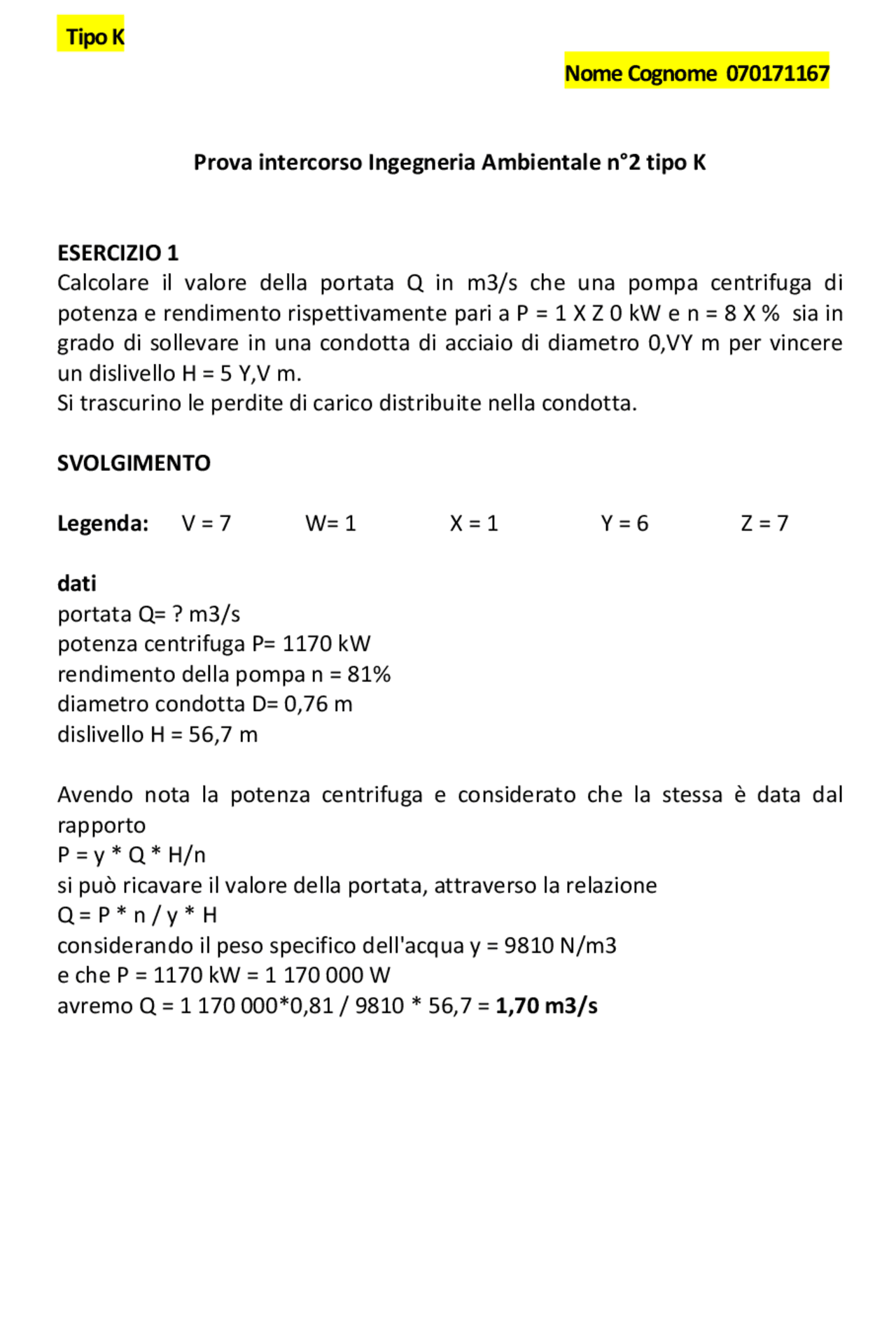 Prova Intercorso Ingegneria Ambientale N°2 Tipo K Docsity