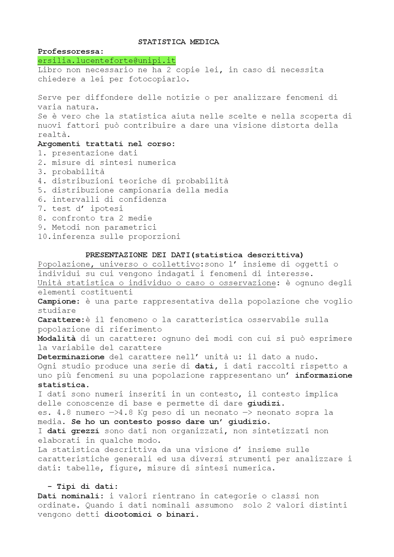 Statistica Descrittiva Docsity