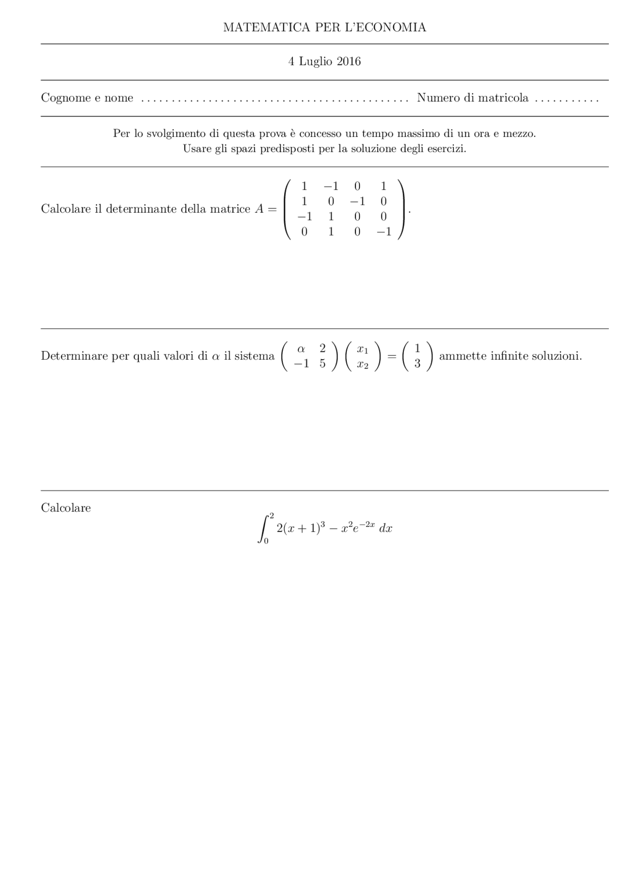 Prove Desame Matematica Per Leconomia Docsity