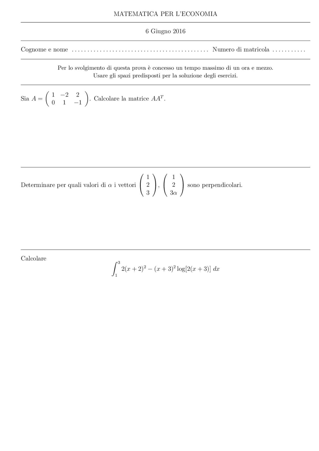 Prove Desame Matematica Per Leconomia Docsity