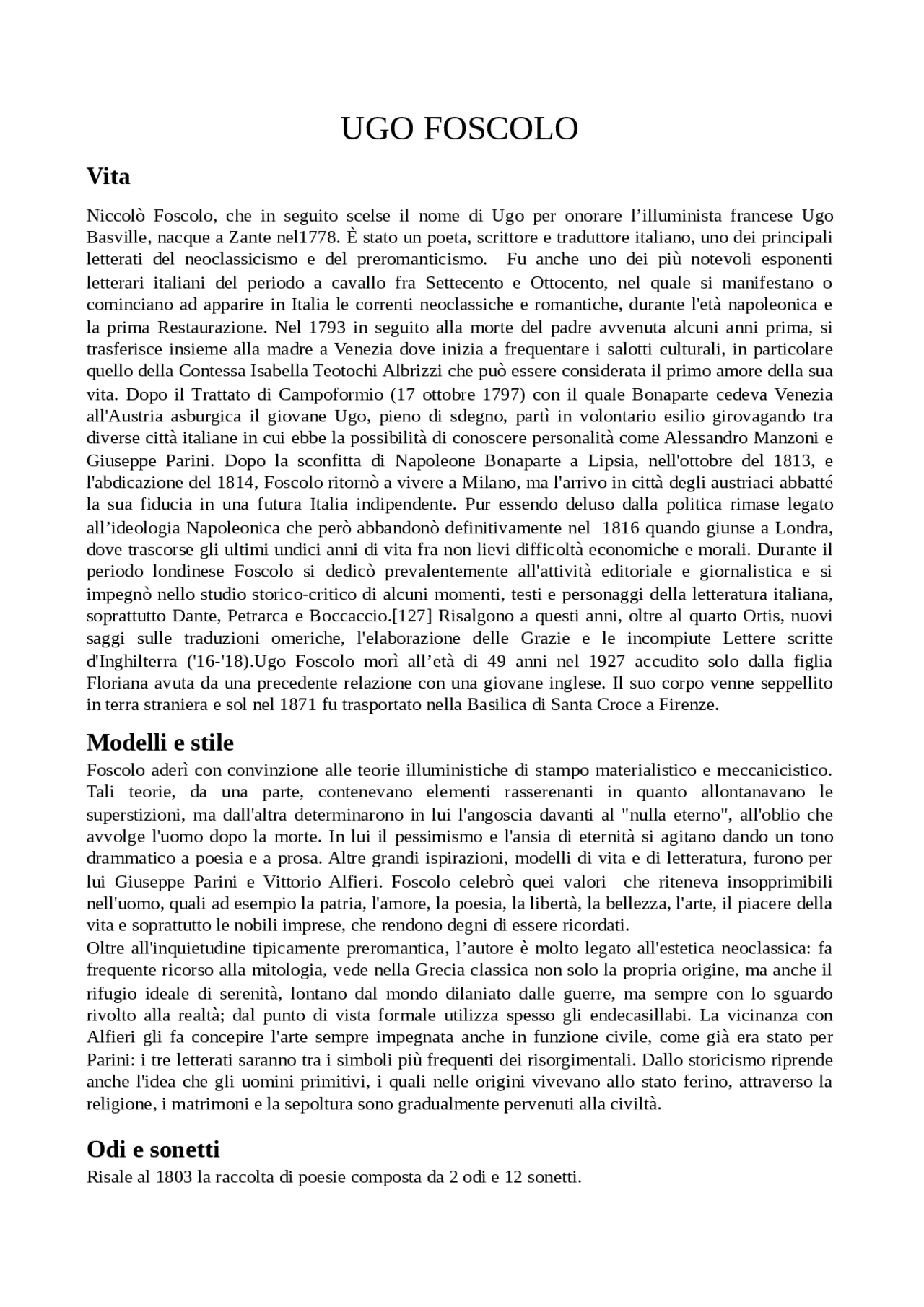 Riassunto Ugo Foscolo Docsity