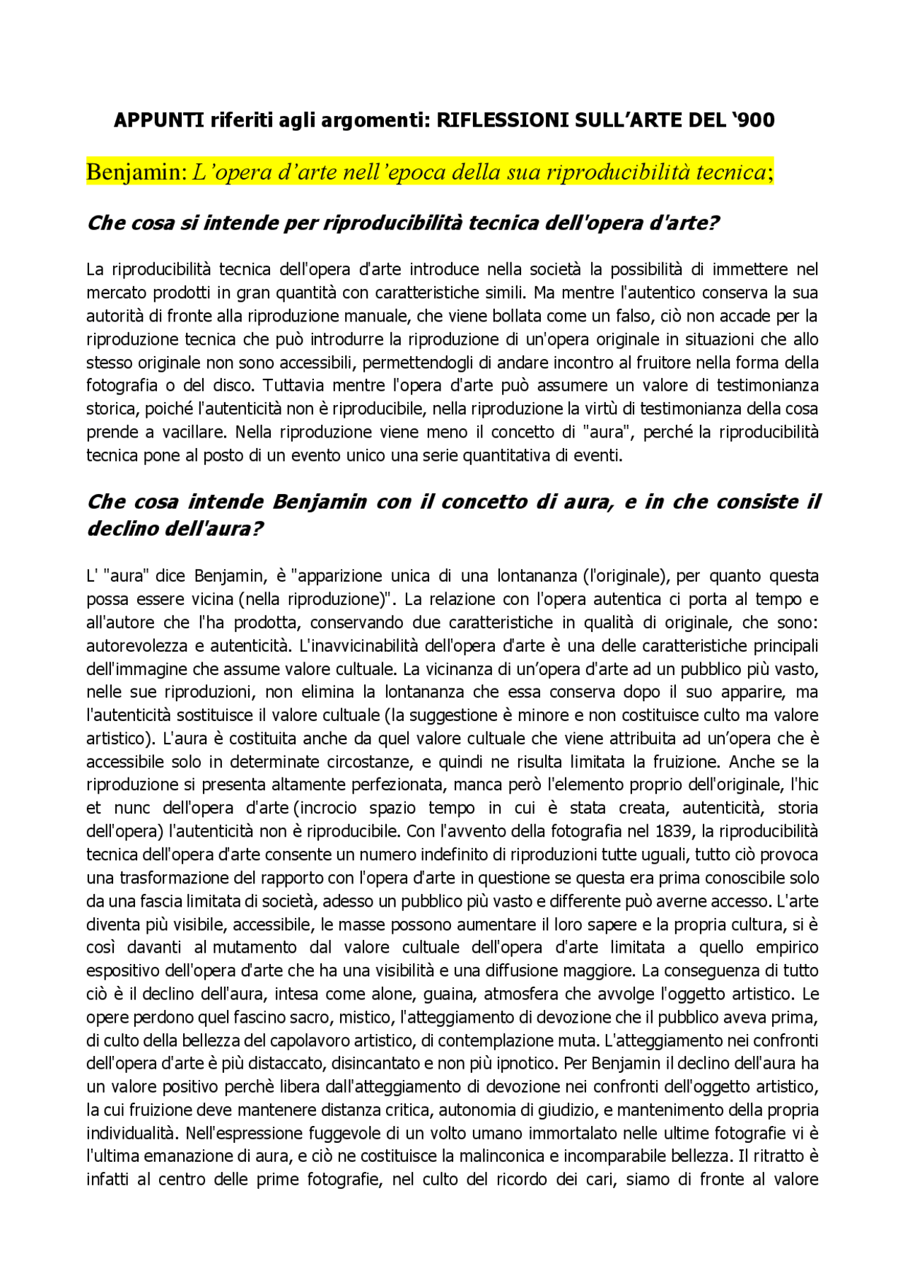 Appunti Walter Benjamin Docsity