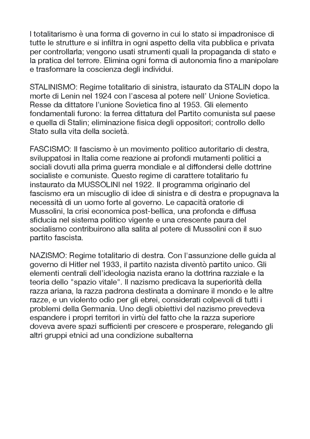 Riassunto Breve Sui Totalitarismi Appunti Di Storia Docsity