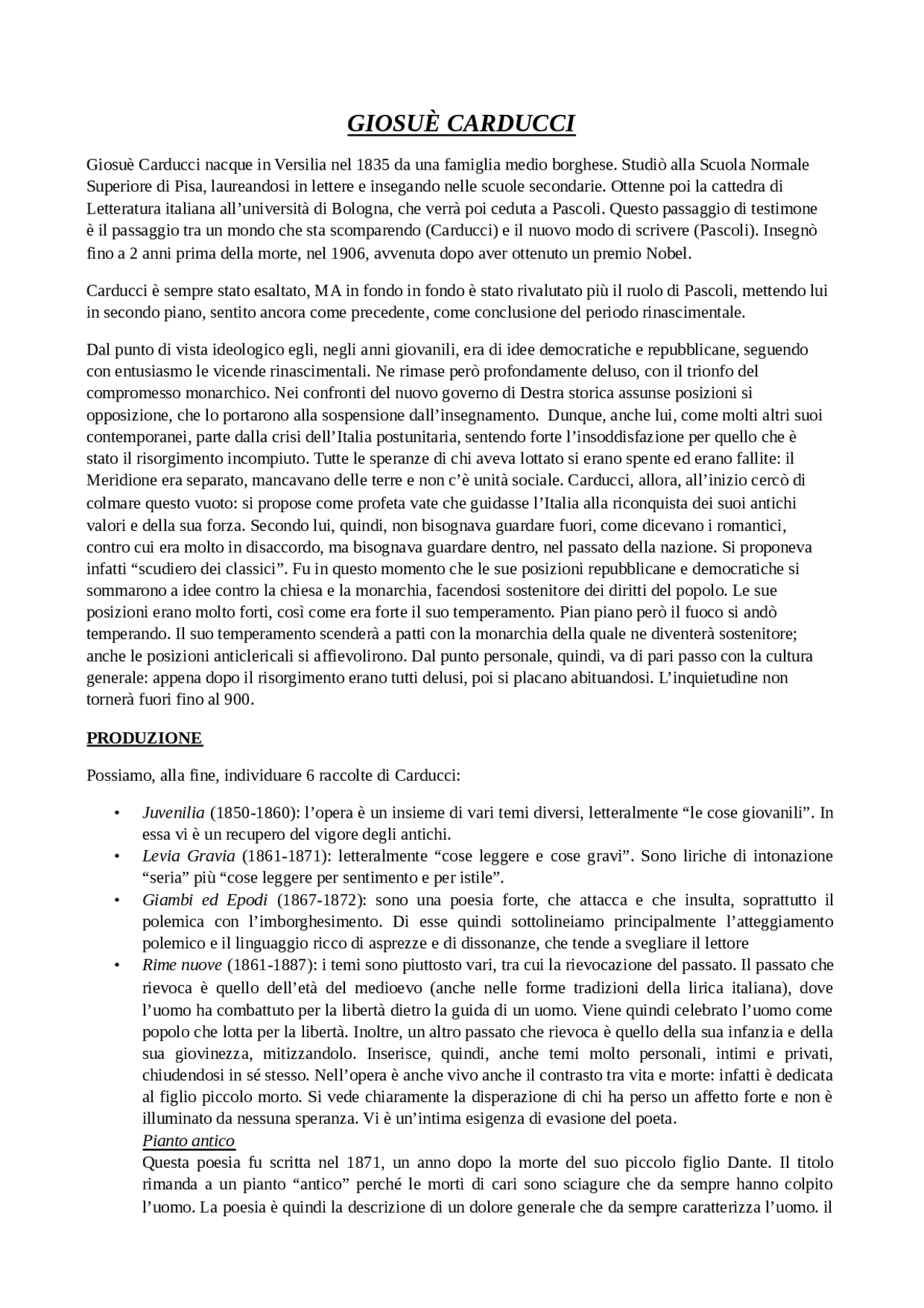 Giosue Carducci Italiano Docsity