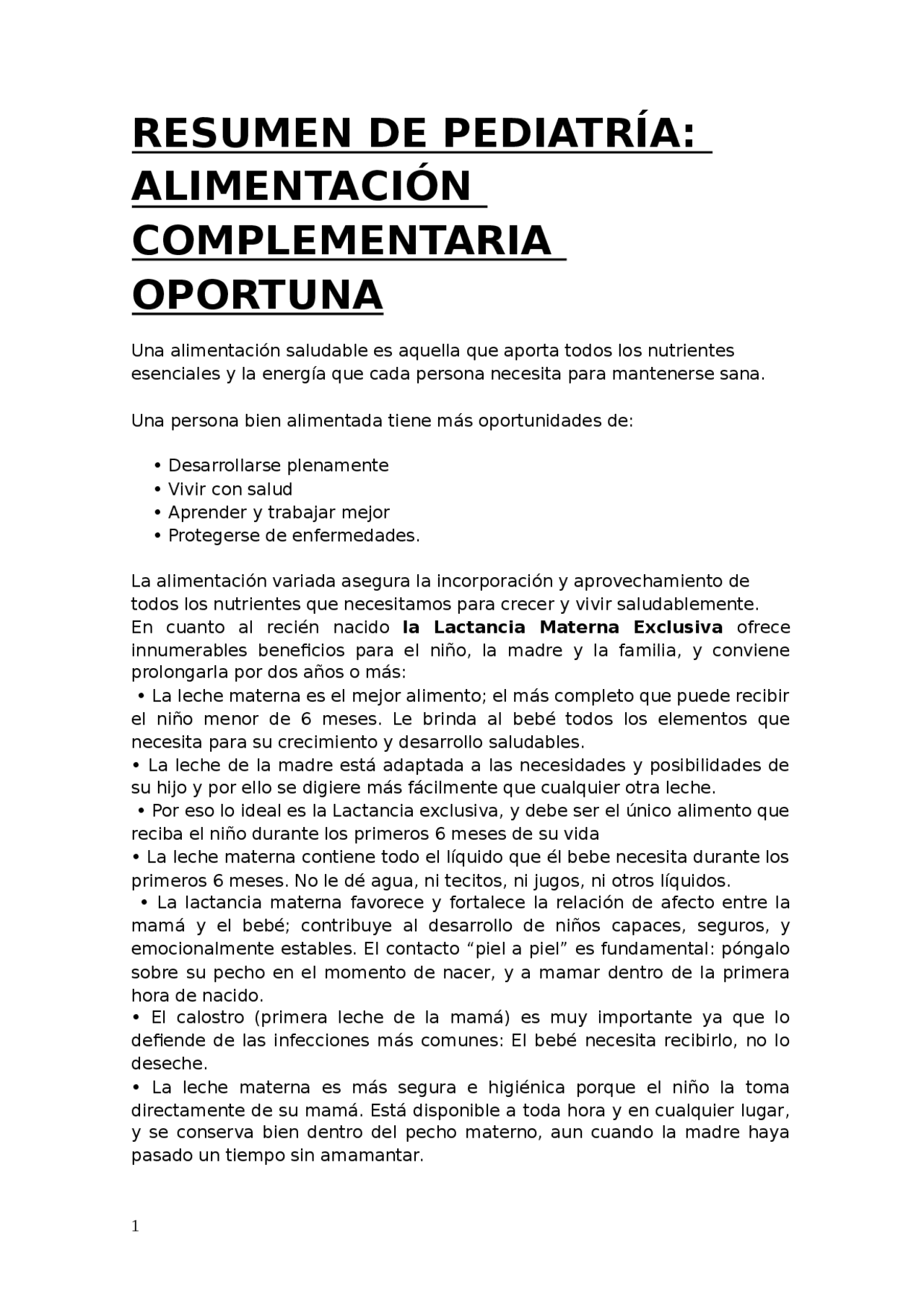 RESUMEN DE PEDIATRÍA: ALIMENTACIÓN COMPLEMENTARIA - Docsity