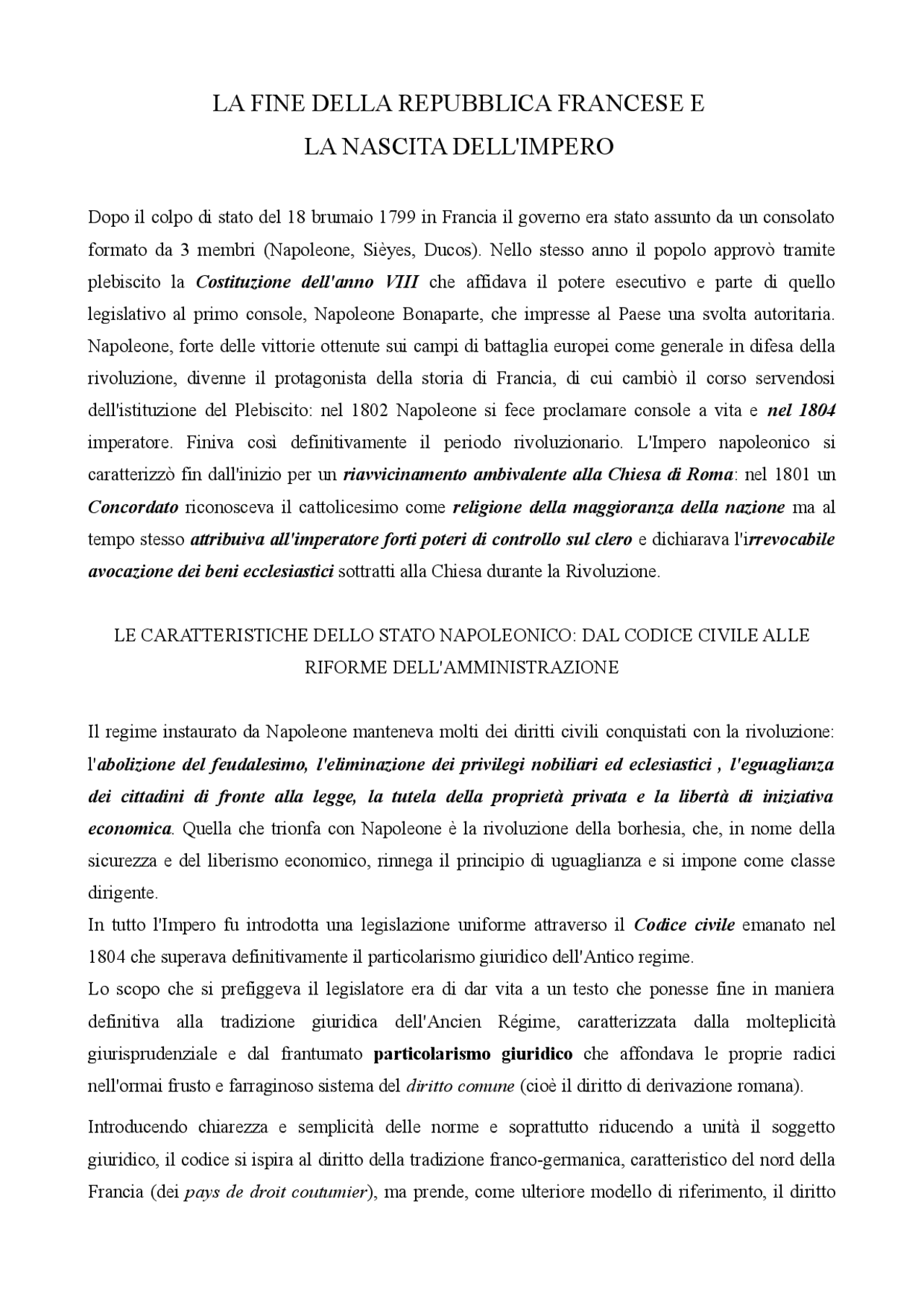 La fine della repubblica francese e la nascita dell’impero - Docsity
