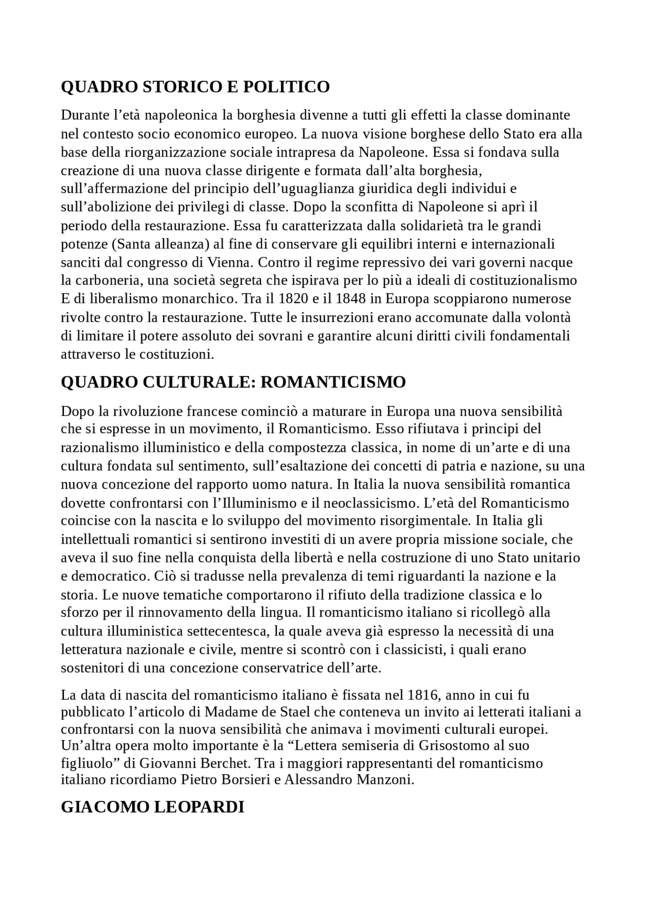 Riassunto Su Giacomo Leopardi Docsity