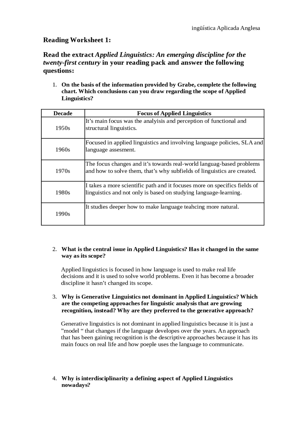Grabe- Reading worksheet- Applied linguistics | Ejercicios de ...
