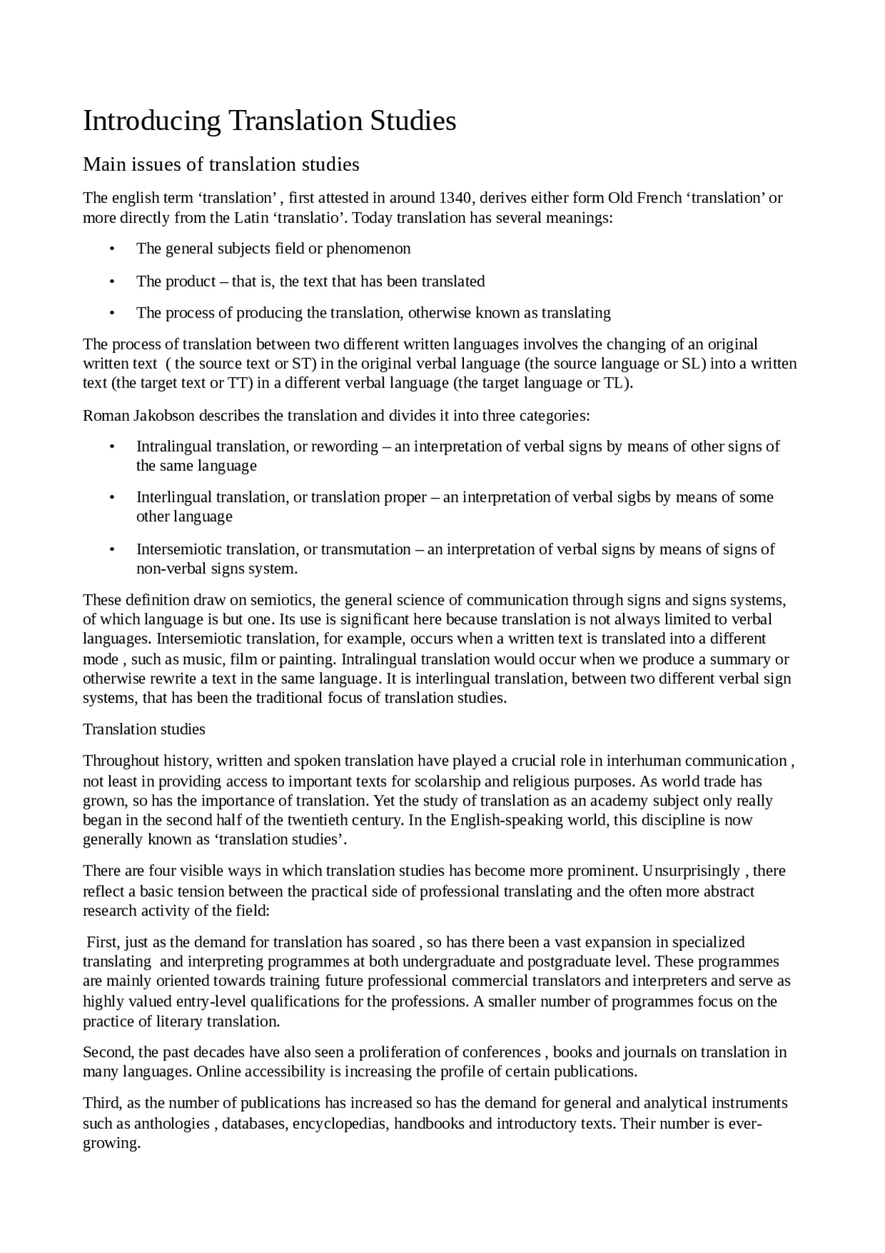 Introducing translation studies - Docsity