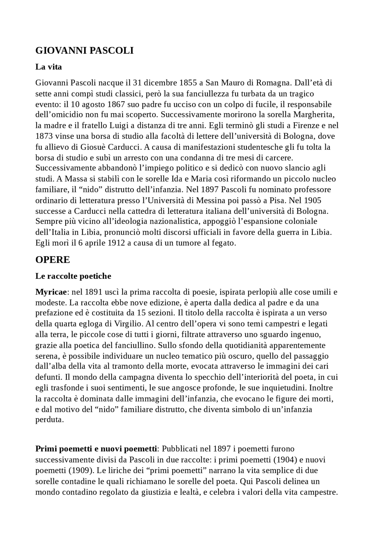 Riassunto Su Pascoli Docsity