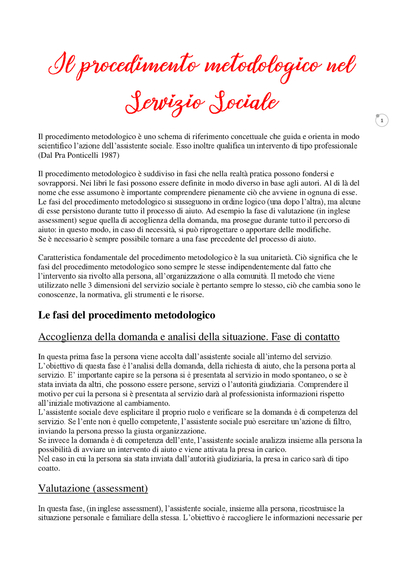 Il Procedimento Metodologico Nel Servizio Sociale Riassunto Per L