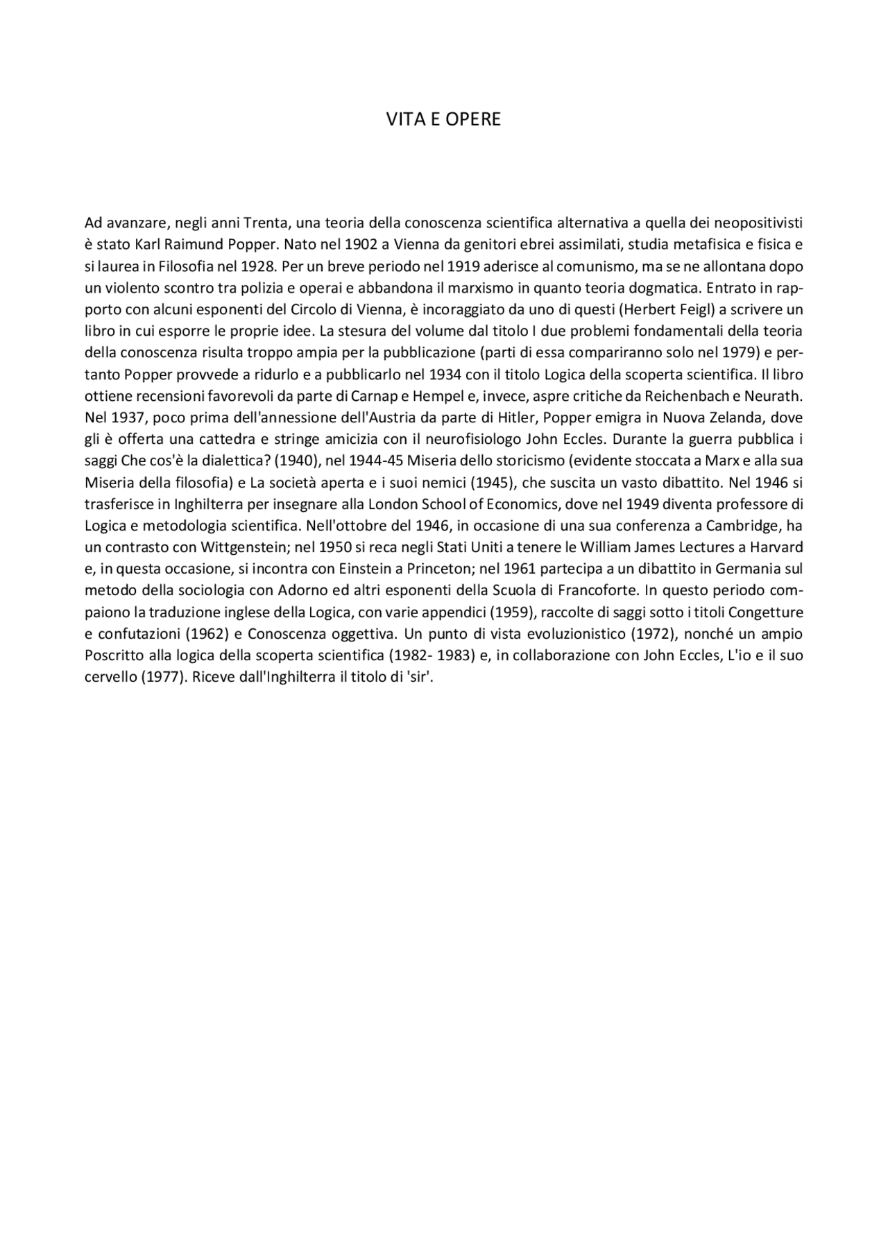 Vita E Opere Di Karl Popper Docsity