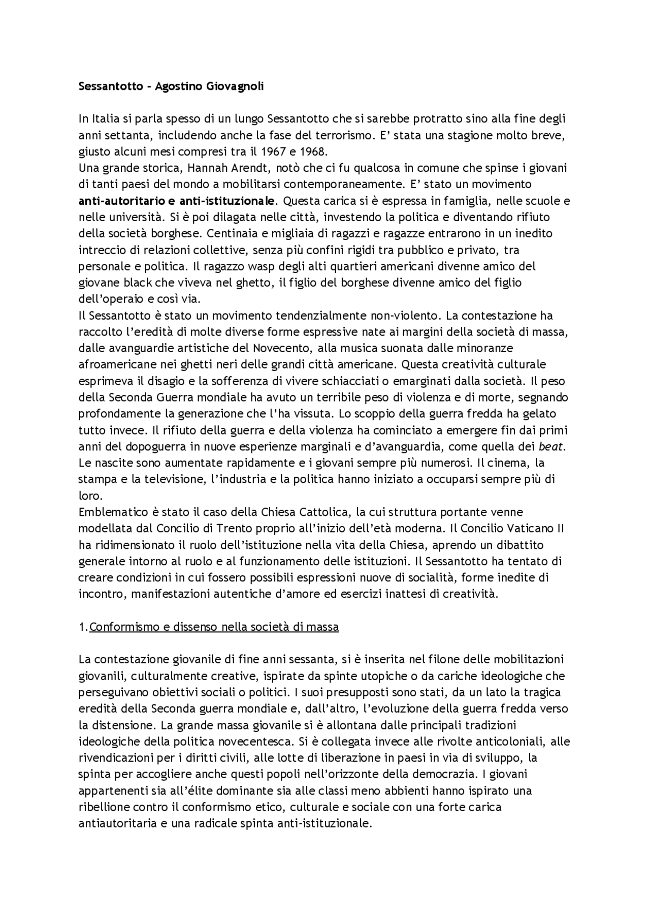 RIASSUNTO LIBRO IL SESSANTOTTO DI GIOVAGNOLI - Docsity