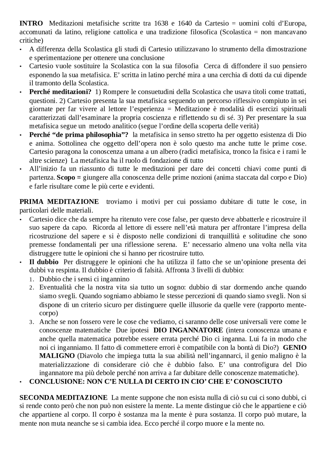 Schema Meditazioni Metafisiche Cartesio Docsity