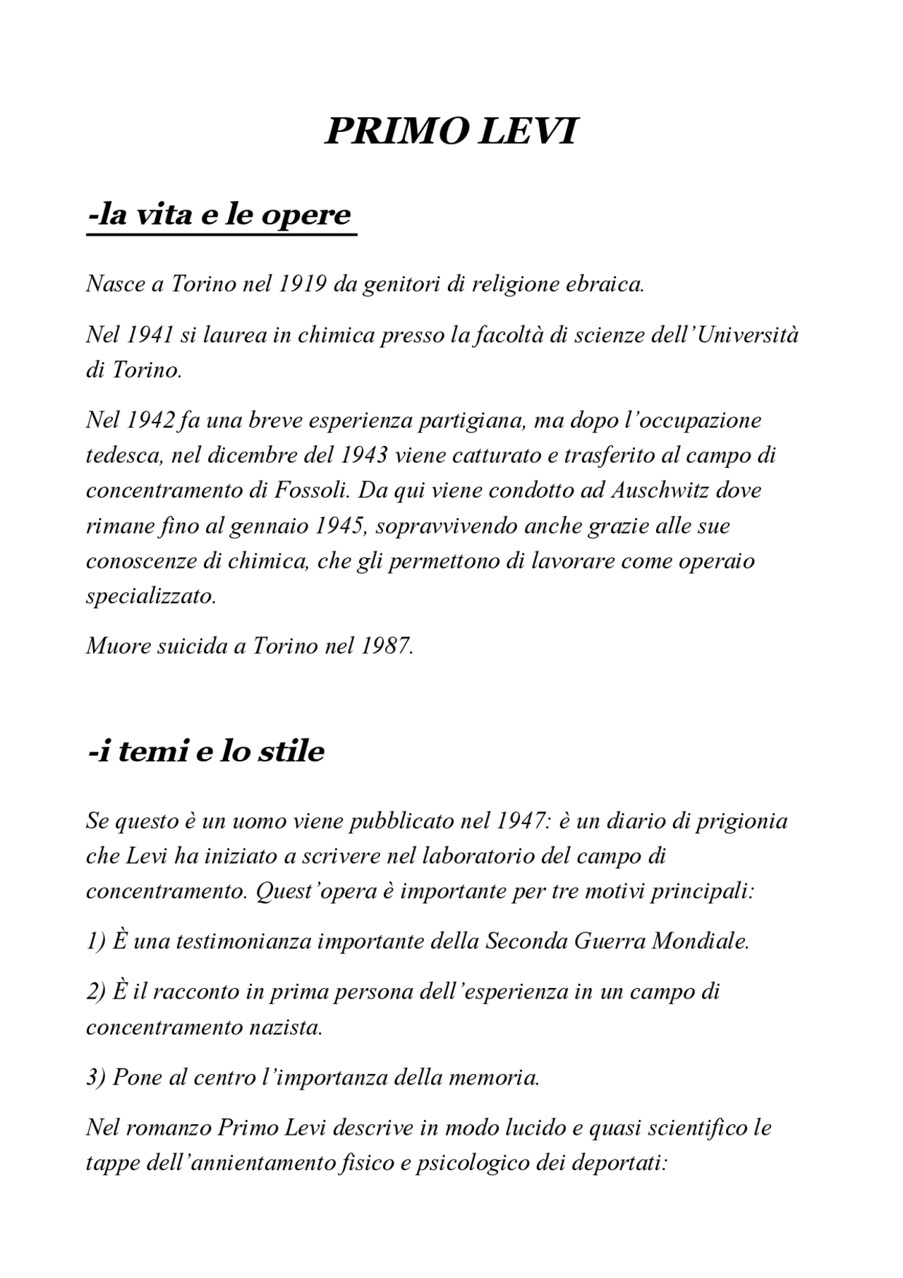 Ricerca su Primo Levi - Istituto secondario Savona - Docsity