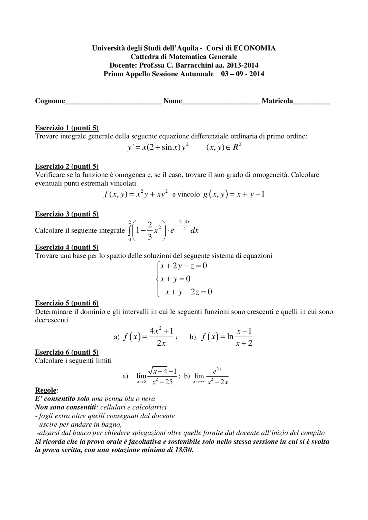 Compito Matematica Generale Docsity