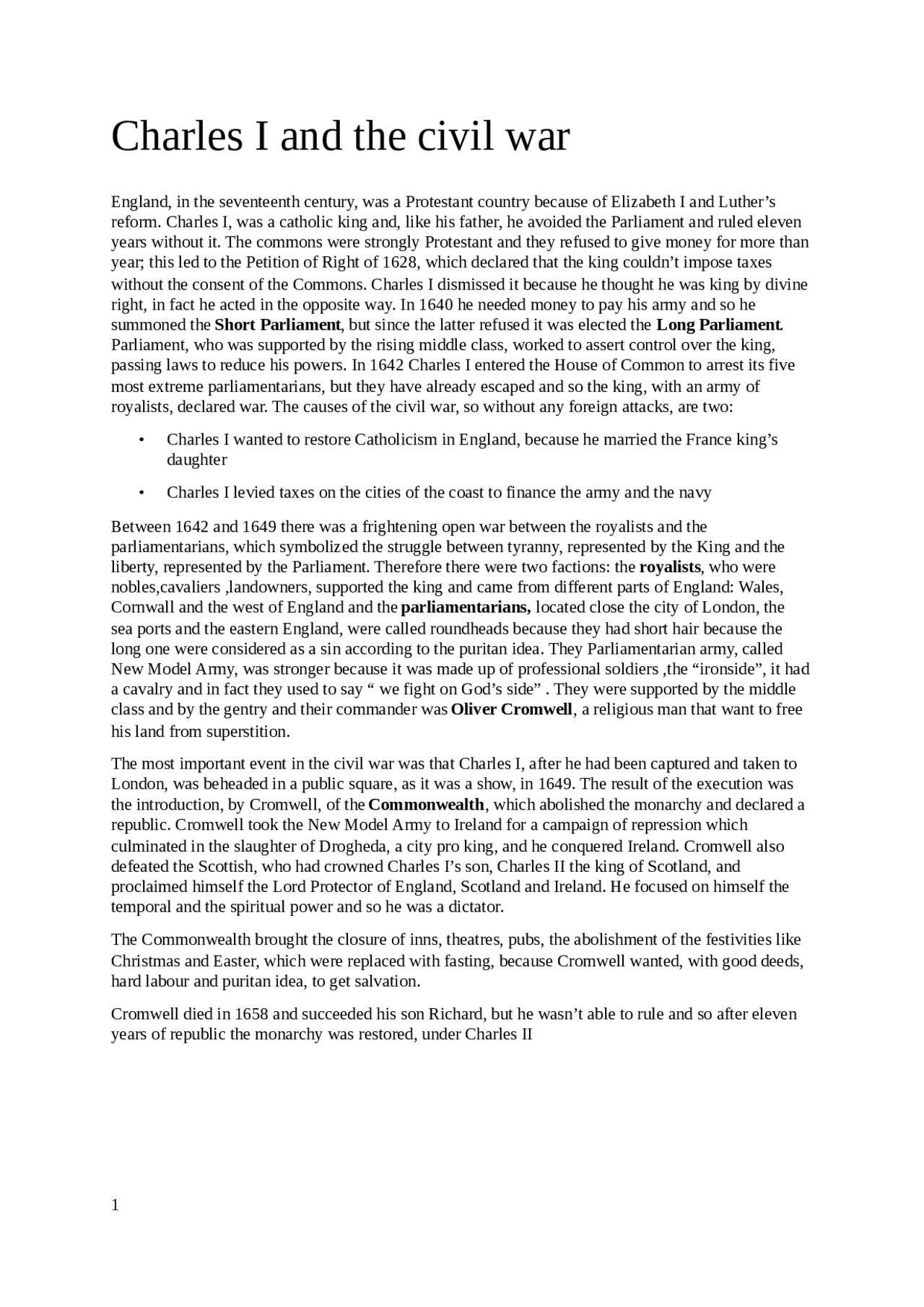 Charles I and the civil war | Appunti di Inglese | Docsity