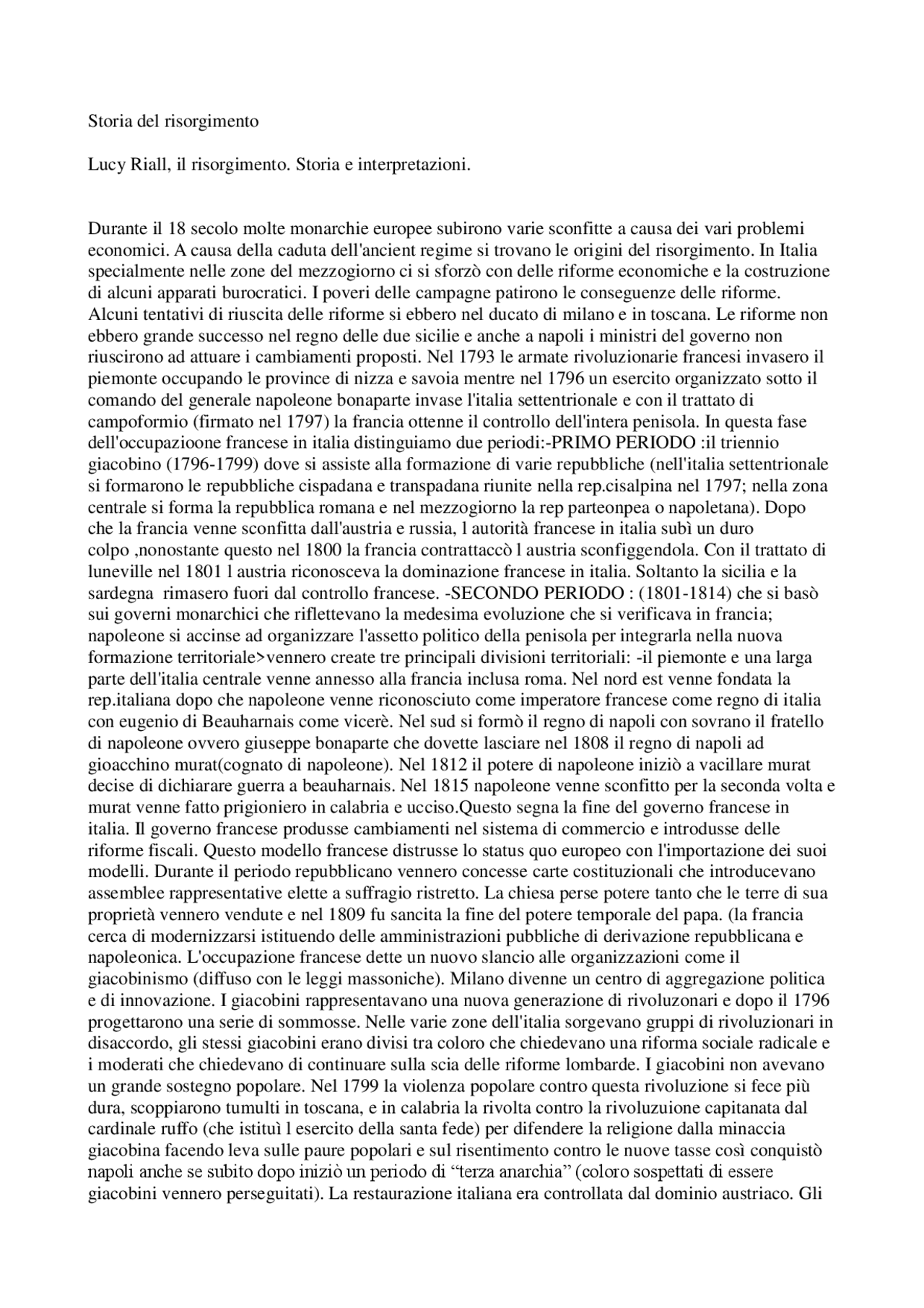 Storia Del Risorgimento Sintesi Del Corso Di Storia Docsity
