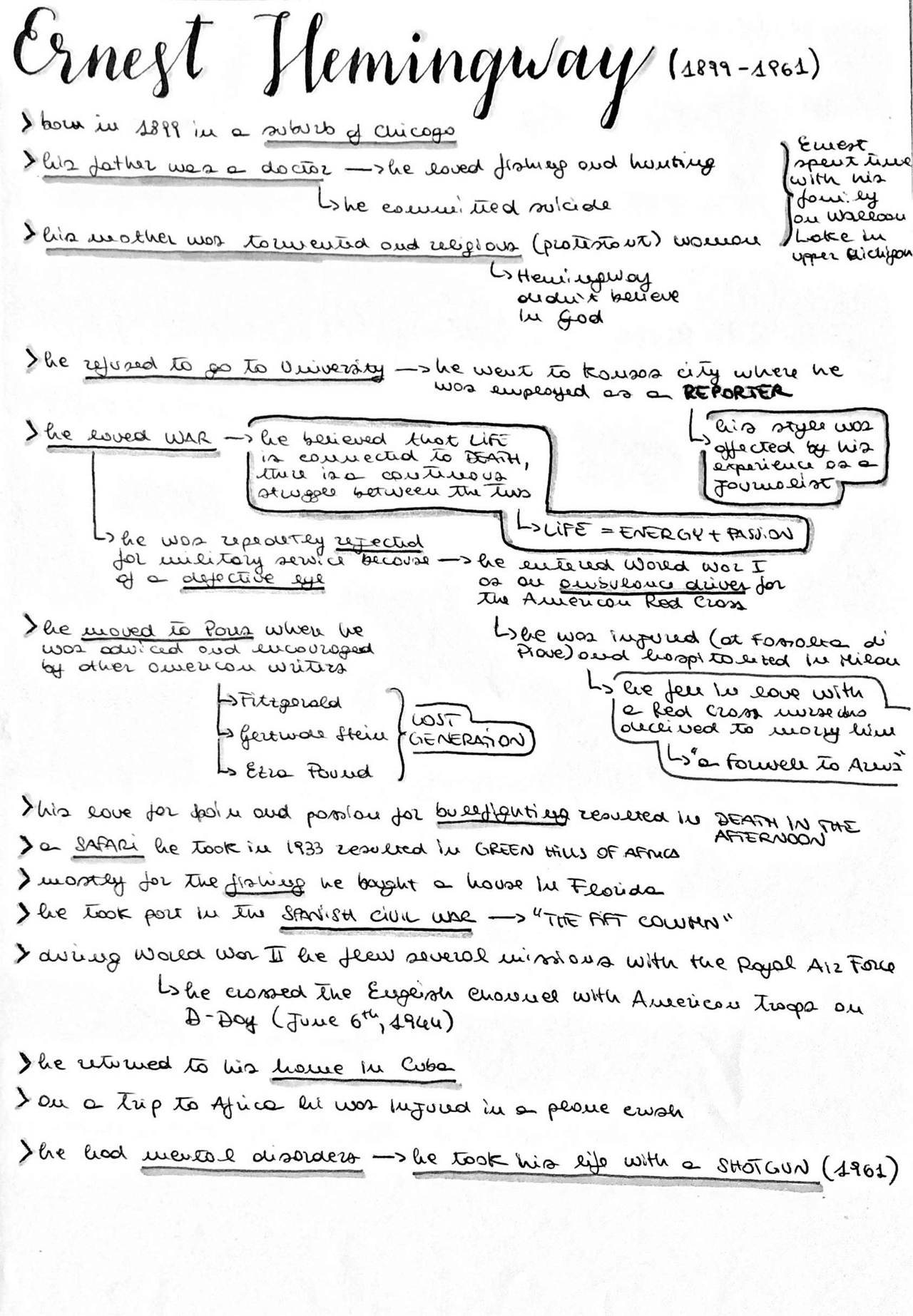 Ernest Hemingway, biography and interests - Docsity