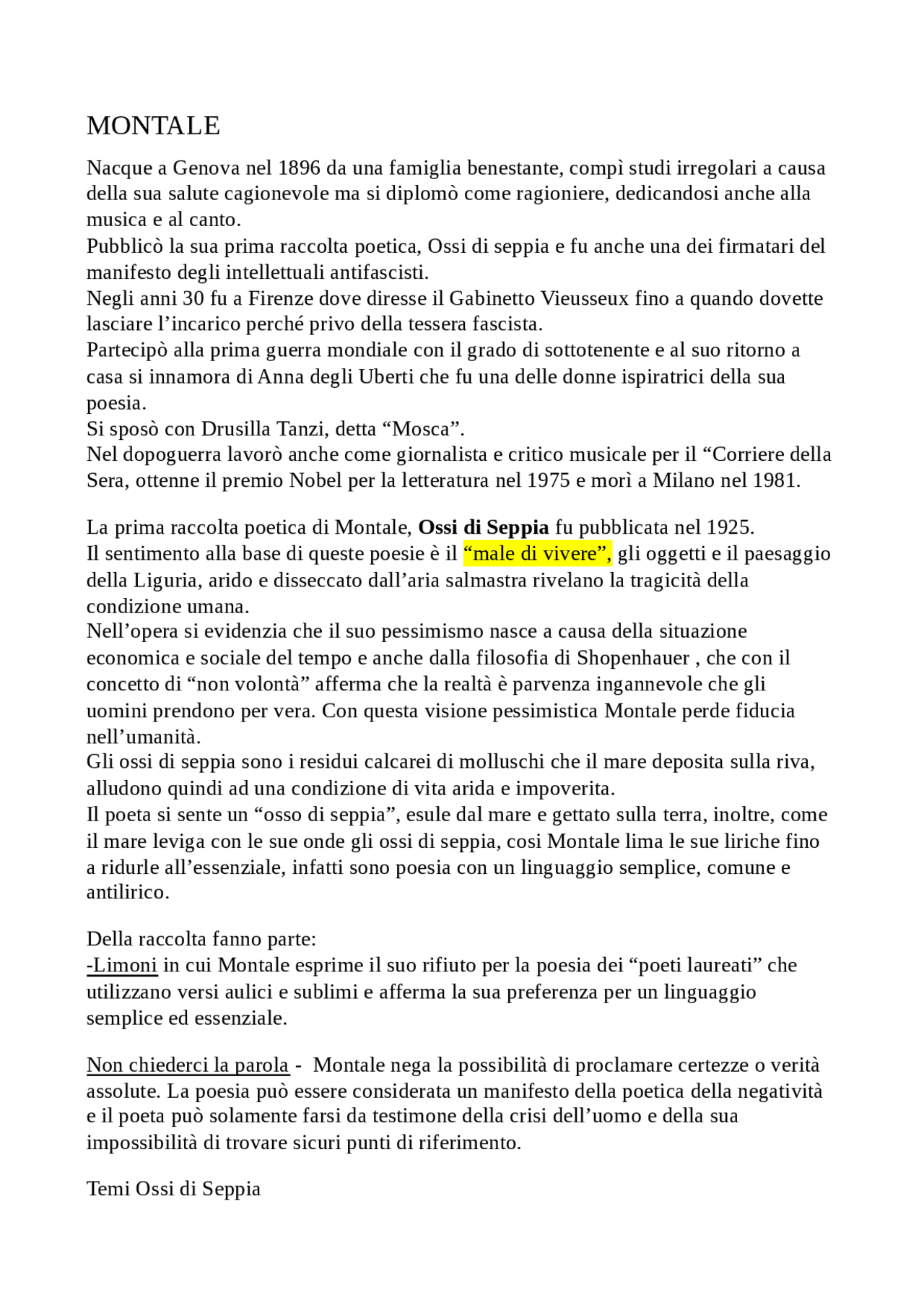 Montale Storia Vita E Opere Docsity