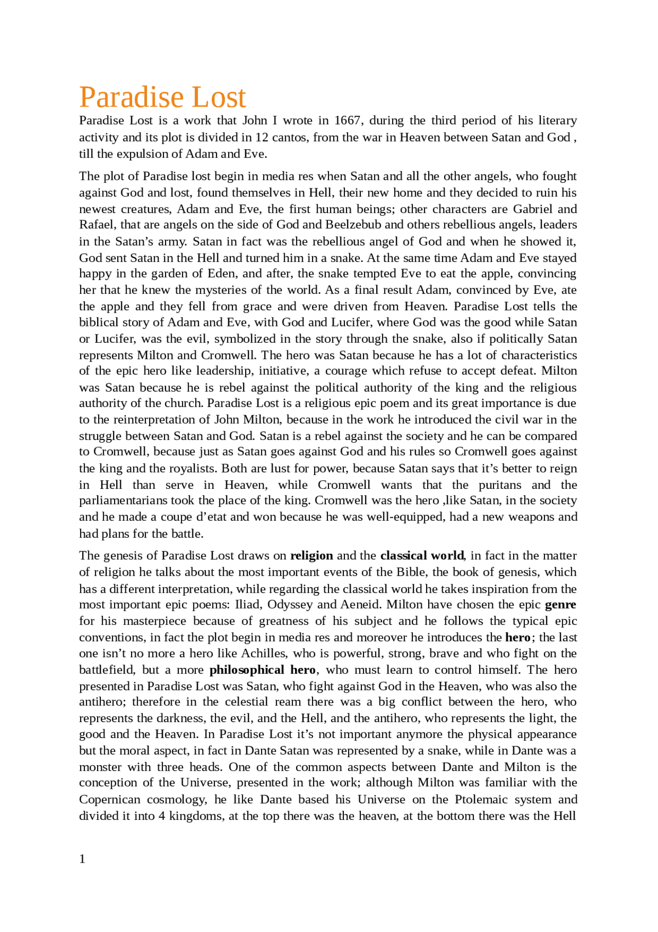 Paradise Lost Di John Milton Docsity