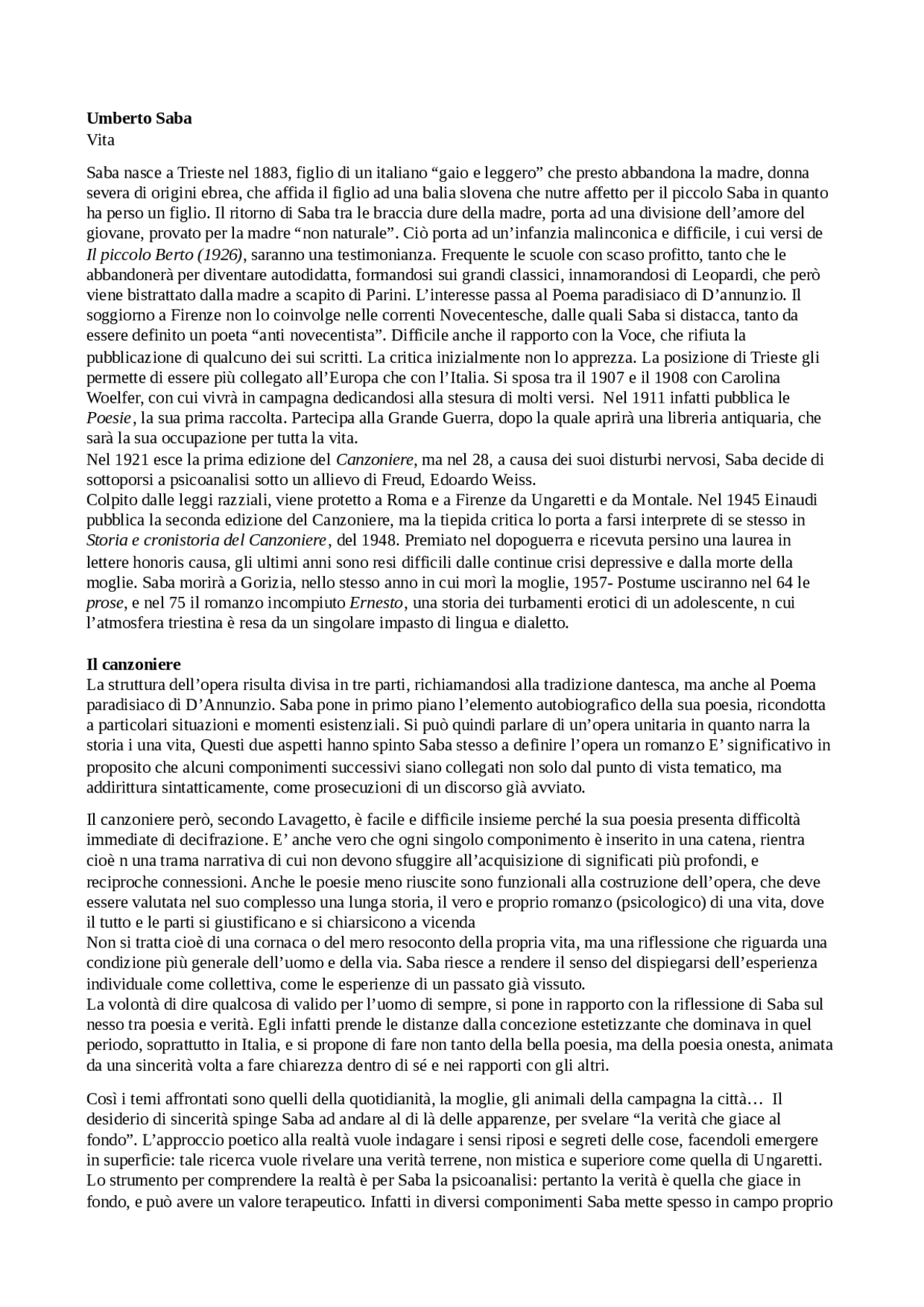 Umberto Saba Vita E Opere Docsity