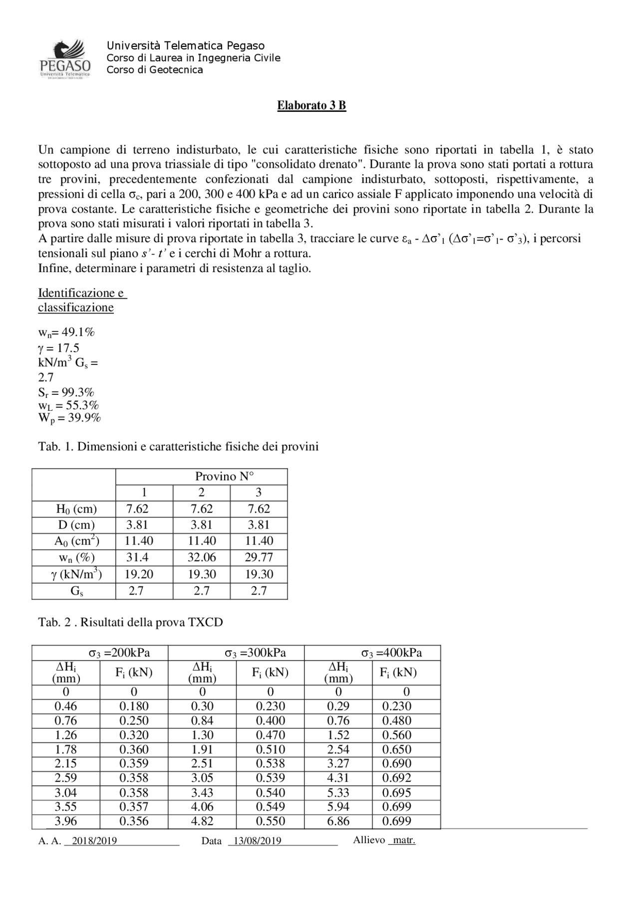 Geotecnica Unipegaso Elaborato 3b Docsity