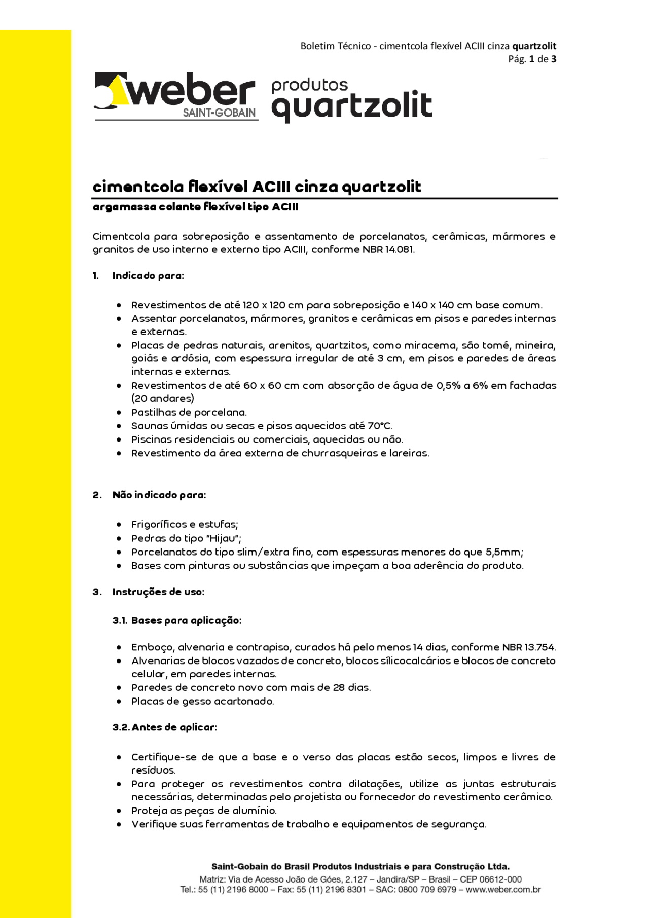 Ficha tecnica cimentcola flexivel ac3 quartzolit - Docsity