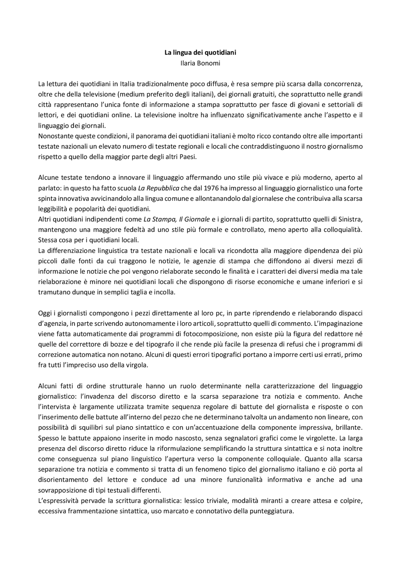 Il Linguaggio Dei Giornali Docsity