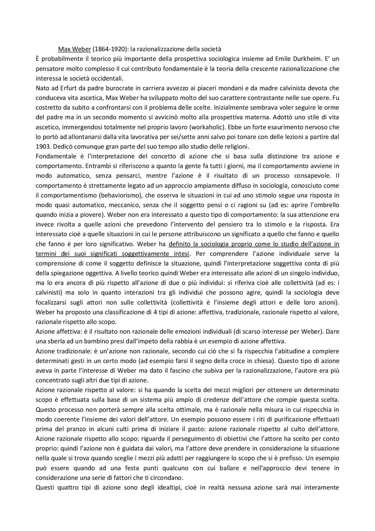 Riassunto Su Weber Sociologia Docsity