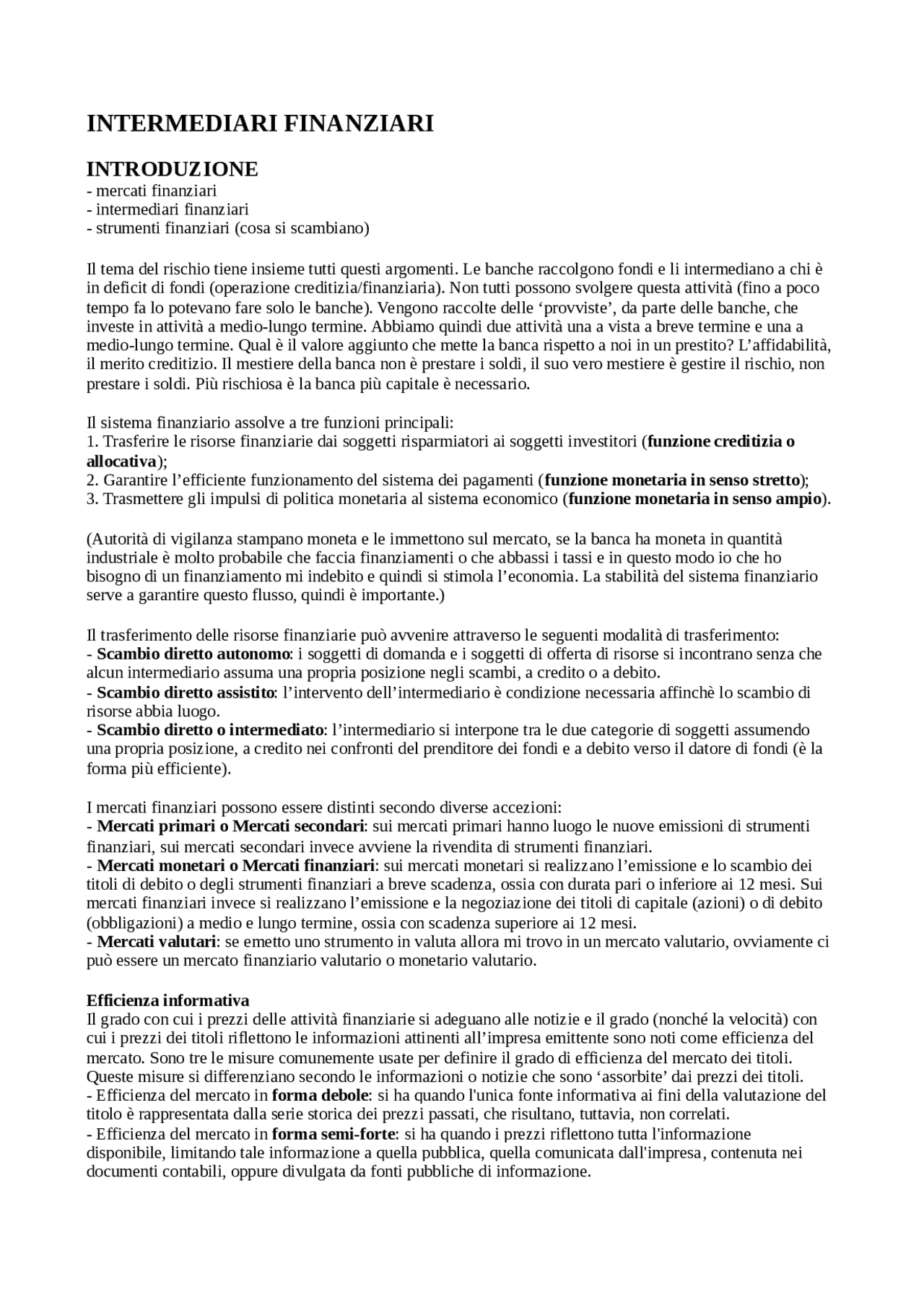 Riassunto Intermediari Finanziari Docsity