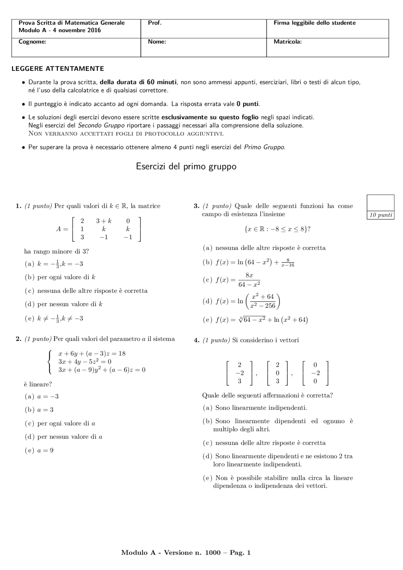 Prova Intermedia Matematica Generale Docsity