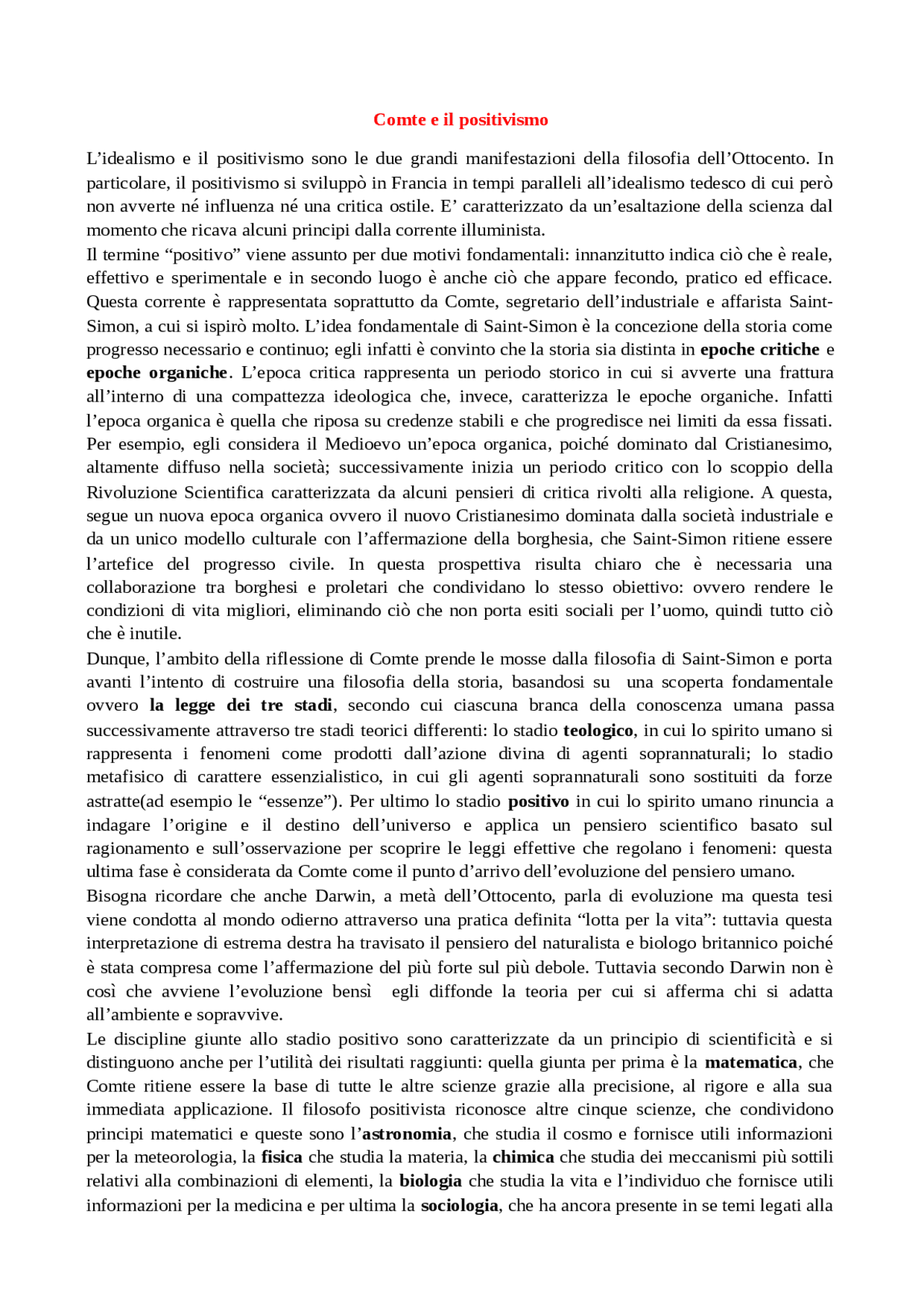 Comte E Il Positivismo Docsity