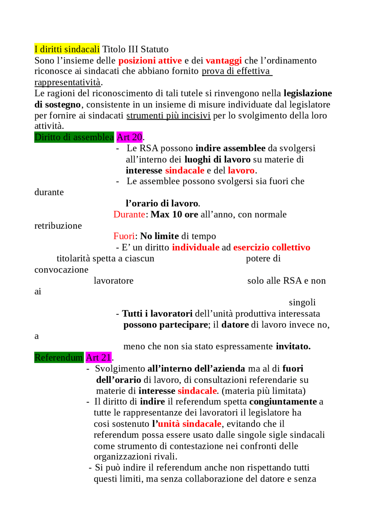 Diritti Sindacali Appunti Docsity
