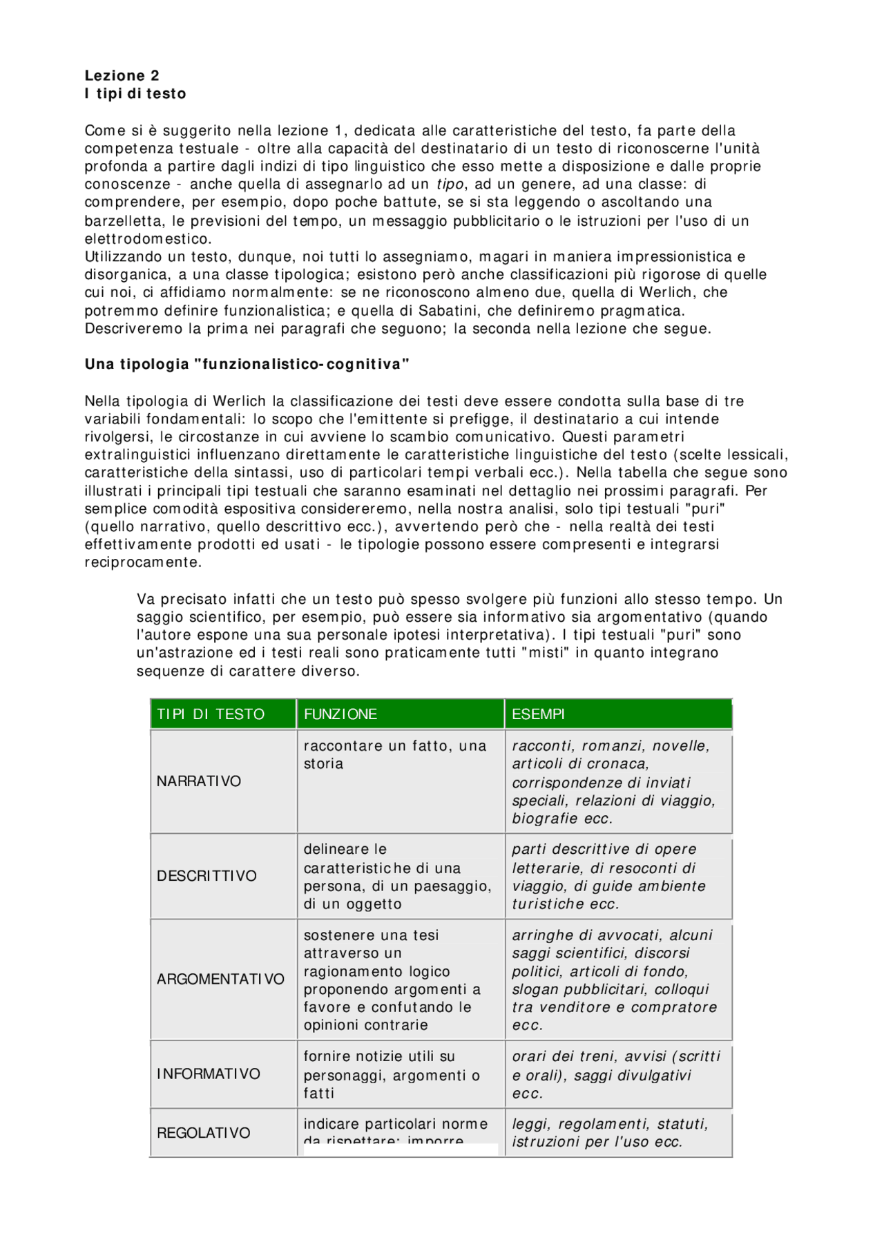 I tipi di testo, appunti di lezione - Docsity