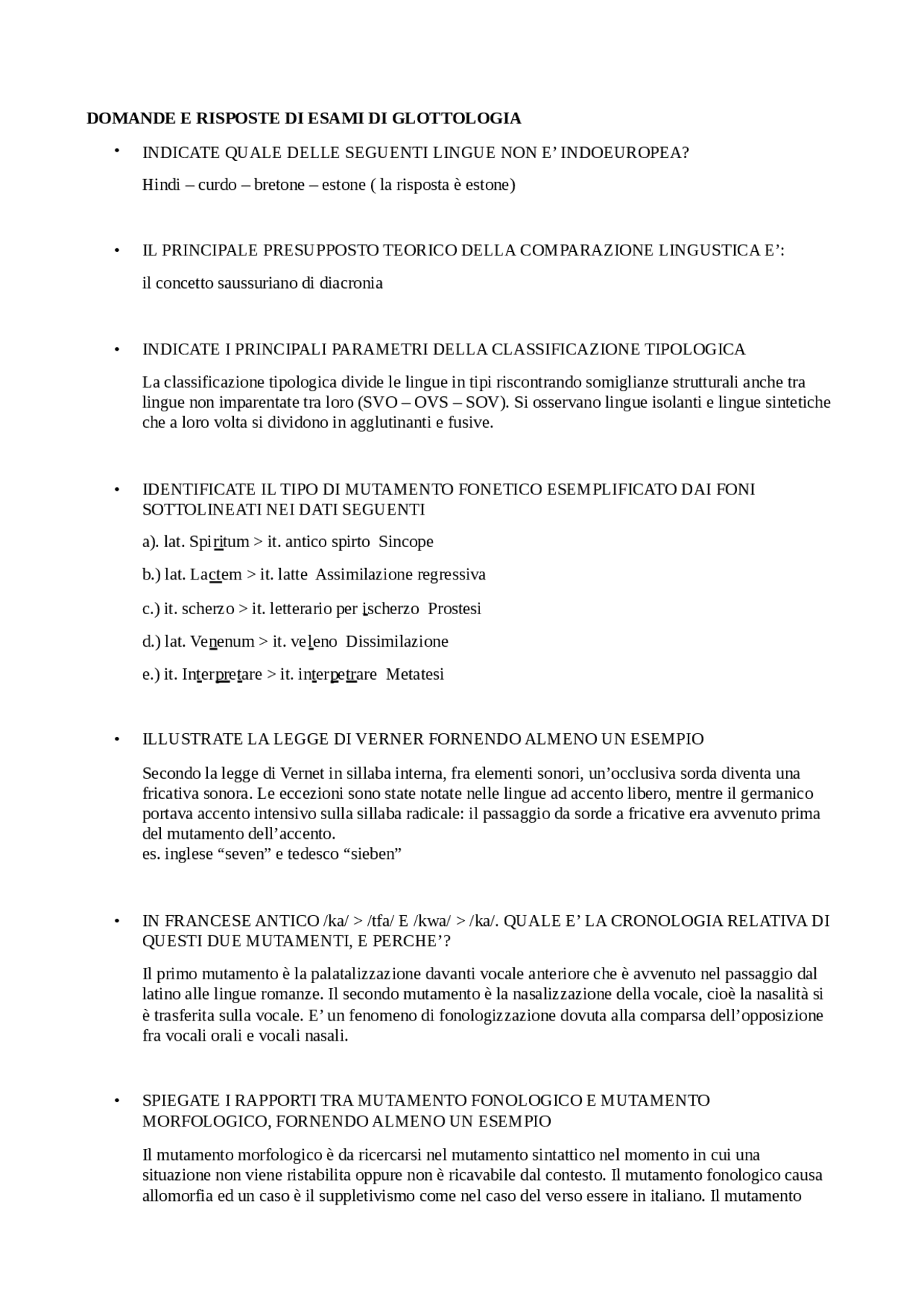 Domande E Risposte Di Glottologia Prove Desame Di Glottologia Docsity