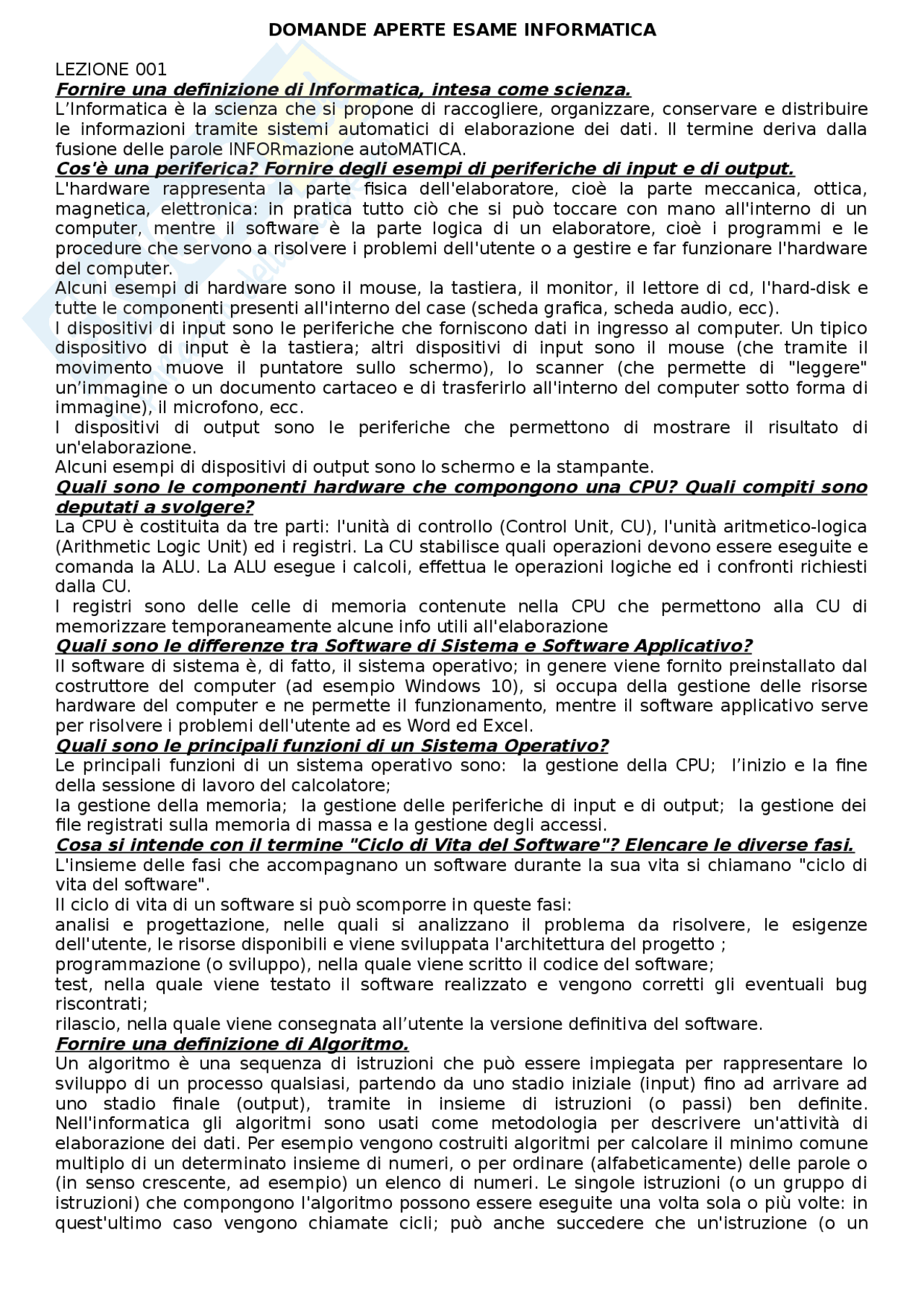 Set Domande Aperte Informatica Docsity