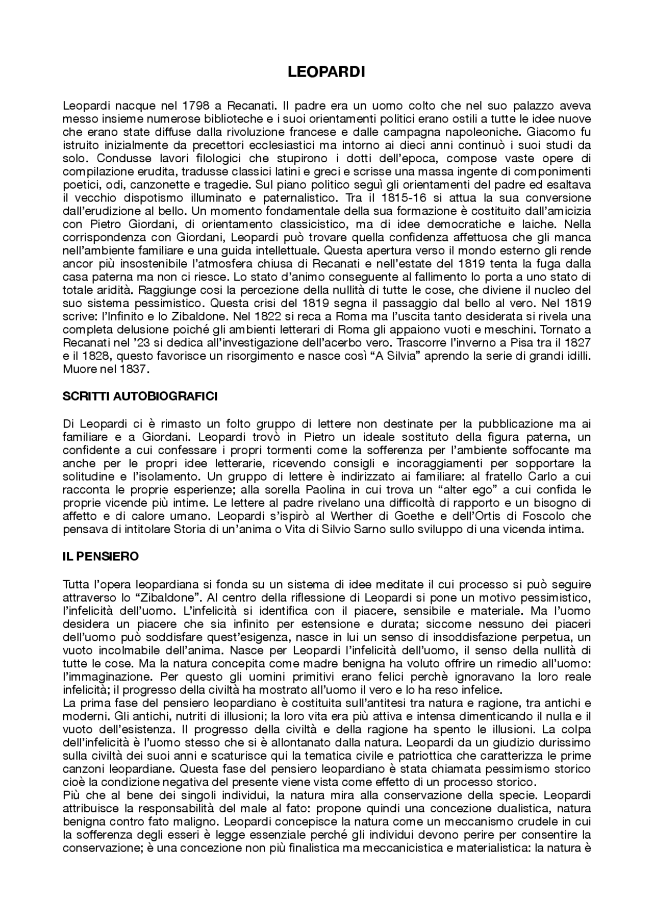 Riassunto Giacomo Leopardi Docsity