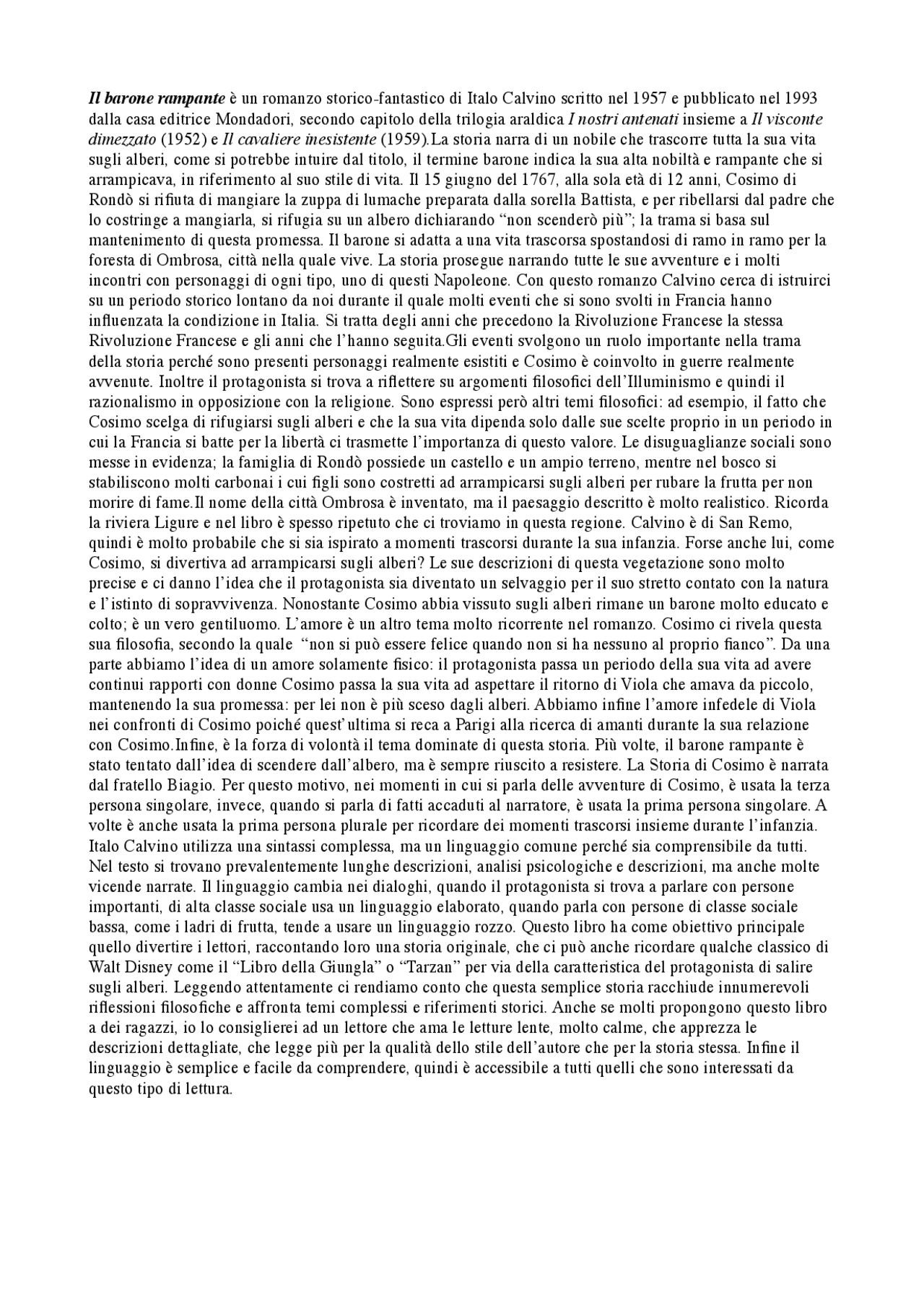 Il Barone Rampante Di Italo Calvino Docsity