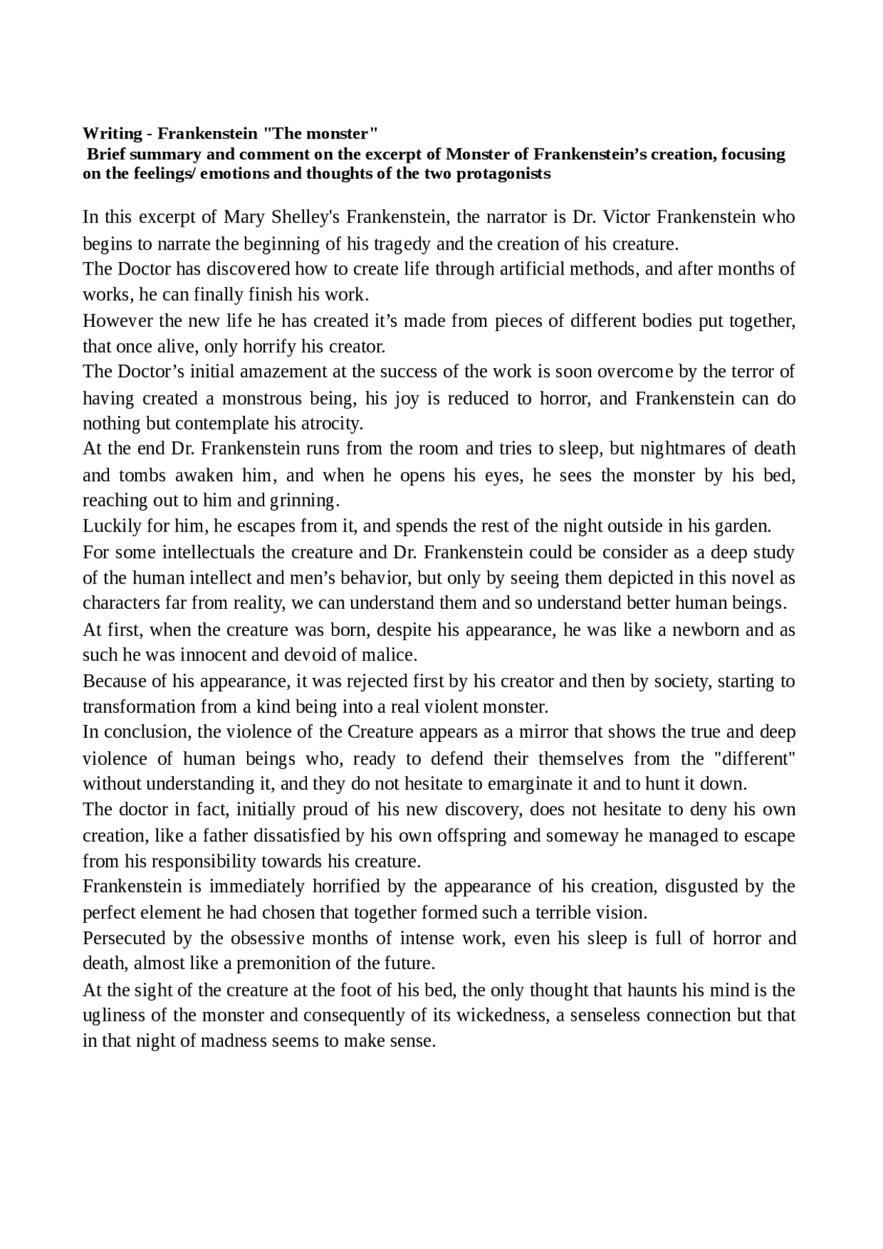 The Monster Of Frankenstein Docsity