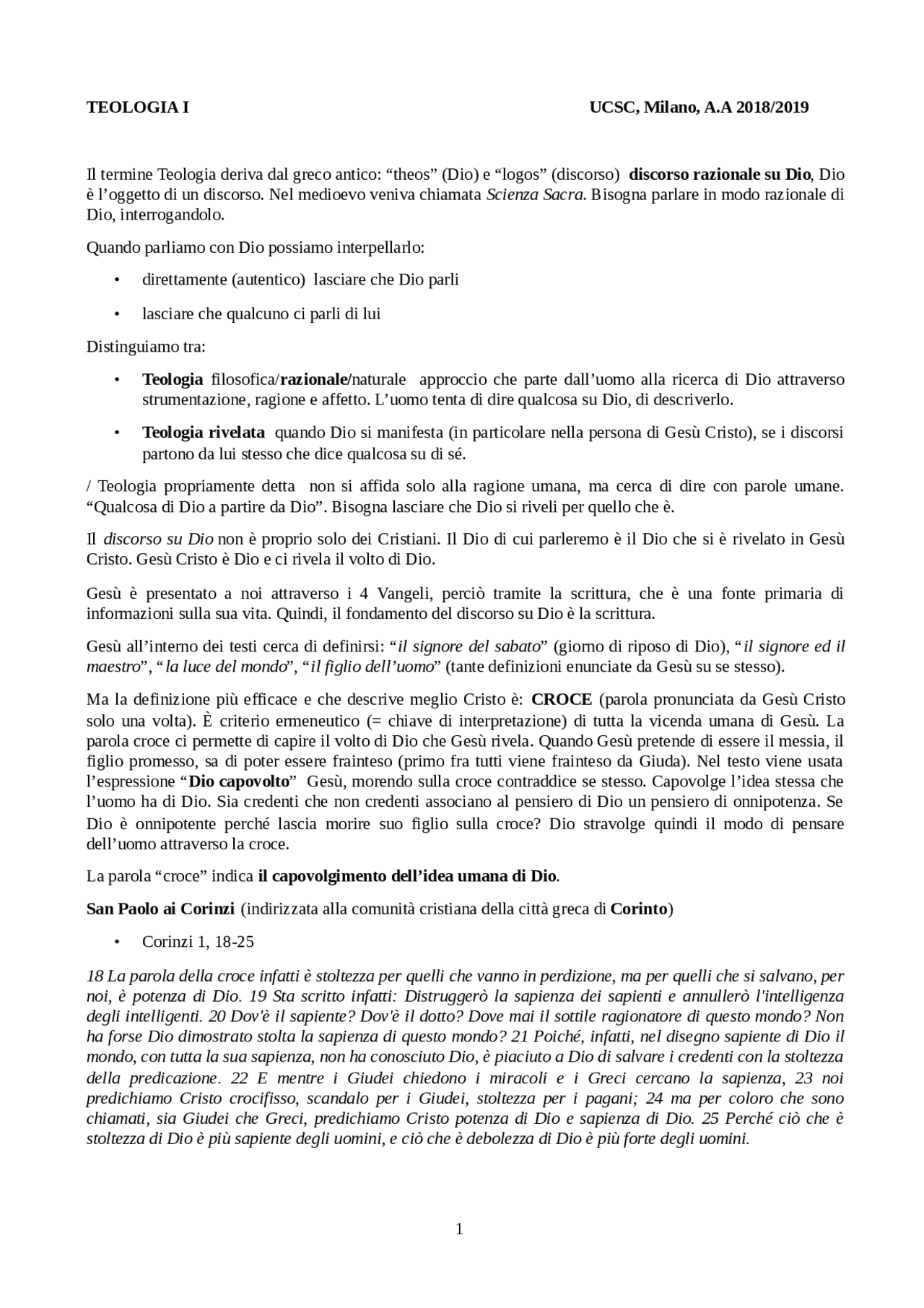 Appunti Delle Lezioni Di Teologia I Docsity